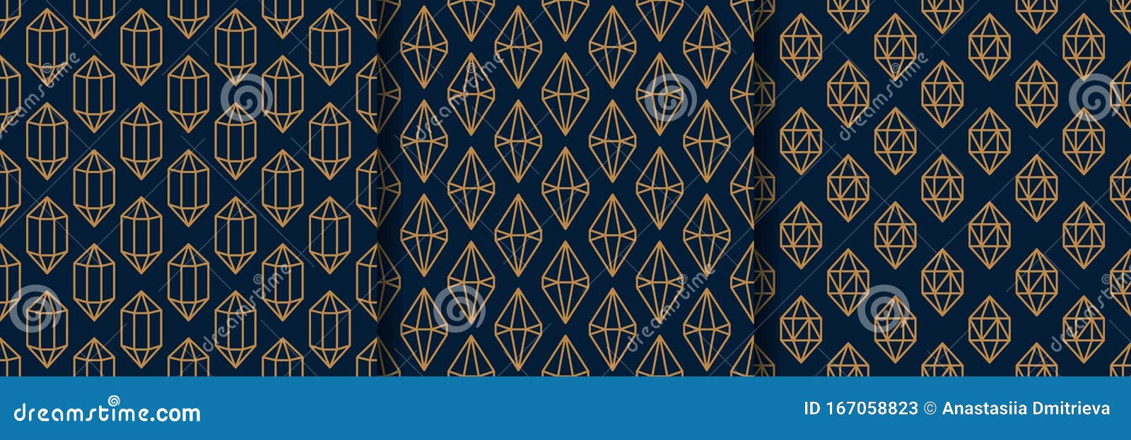 Set of Three Gemstone Seamless Pattern in Minimal Trendy Style. Gold ...