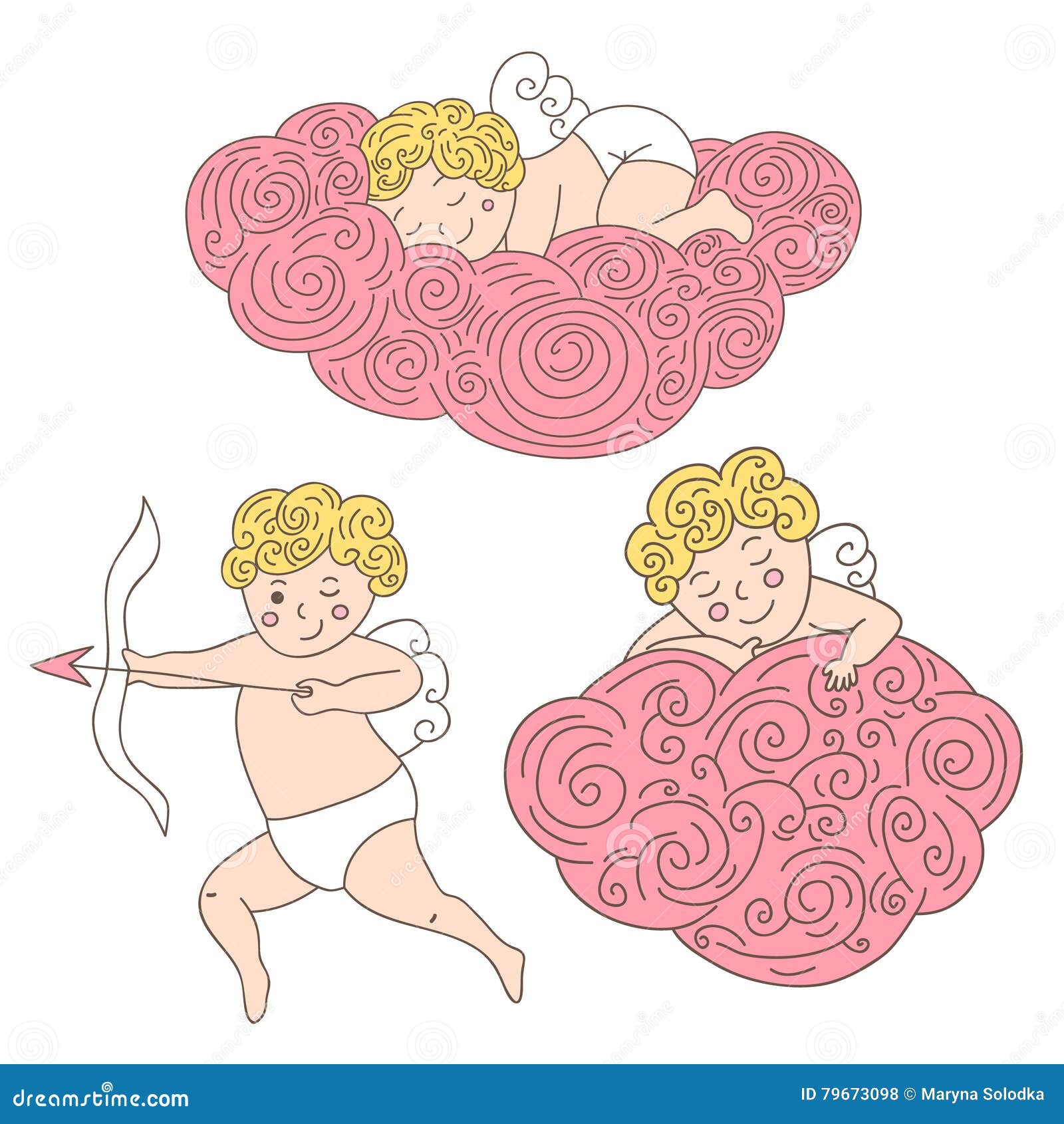 Set of Three Hand Drawn Sleeping Angels on Clouds. Colorful Angels ...