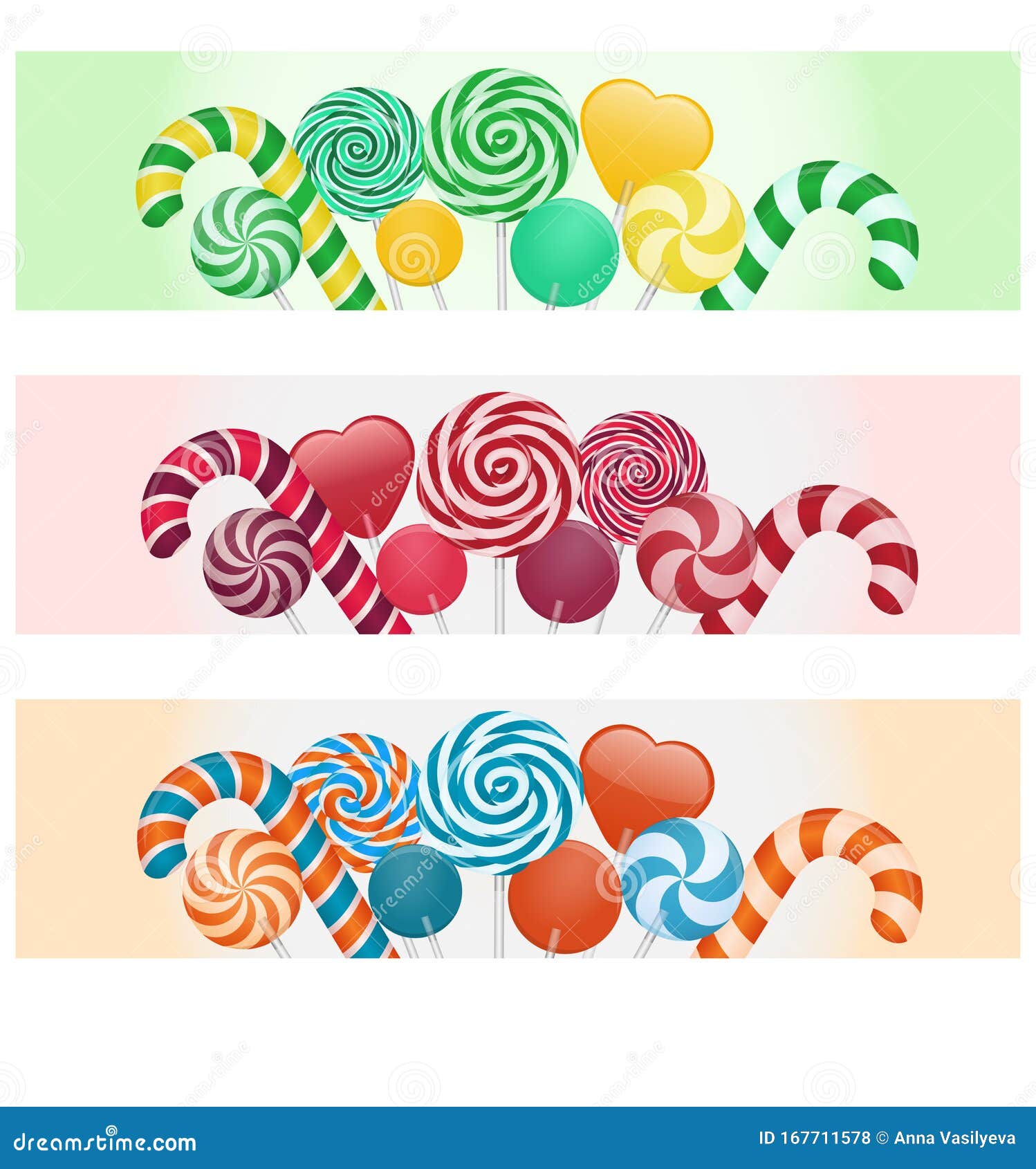 Set of Three Horizontal Banners with Different Colorful Candys and ...