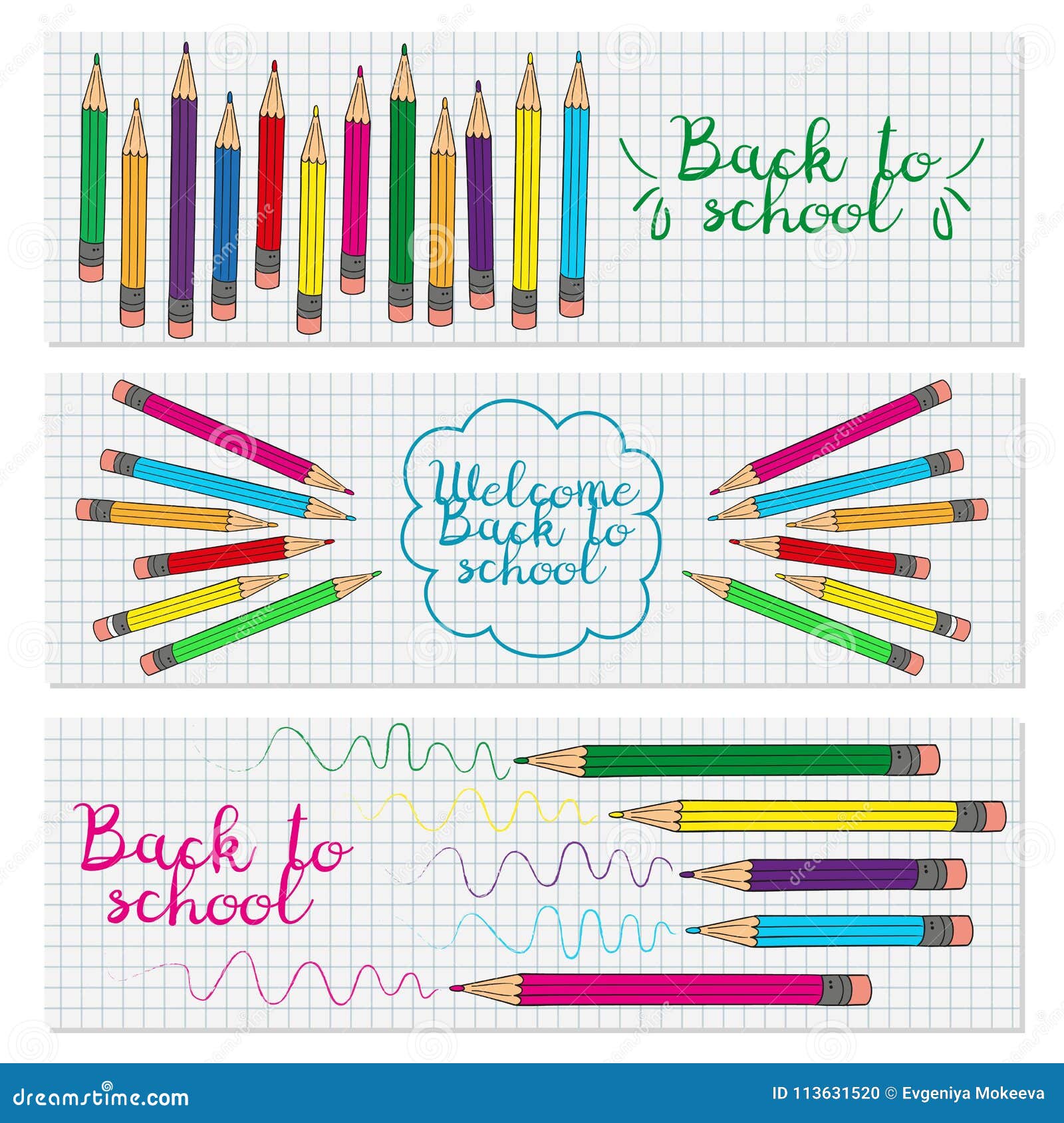 Set of Three Horizontal Banners with Multicolored Pencils. Stock Vector ...