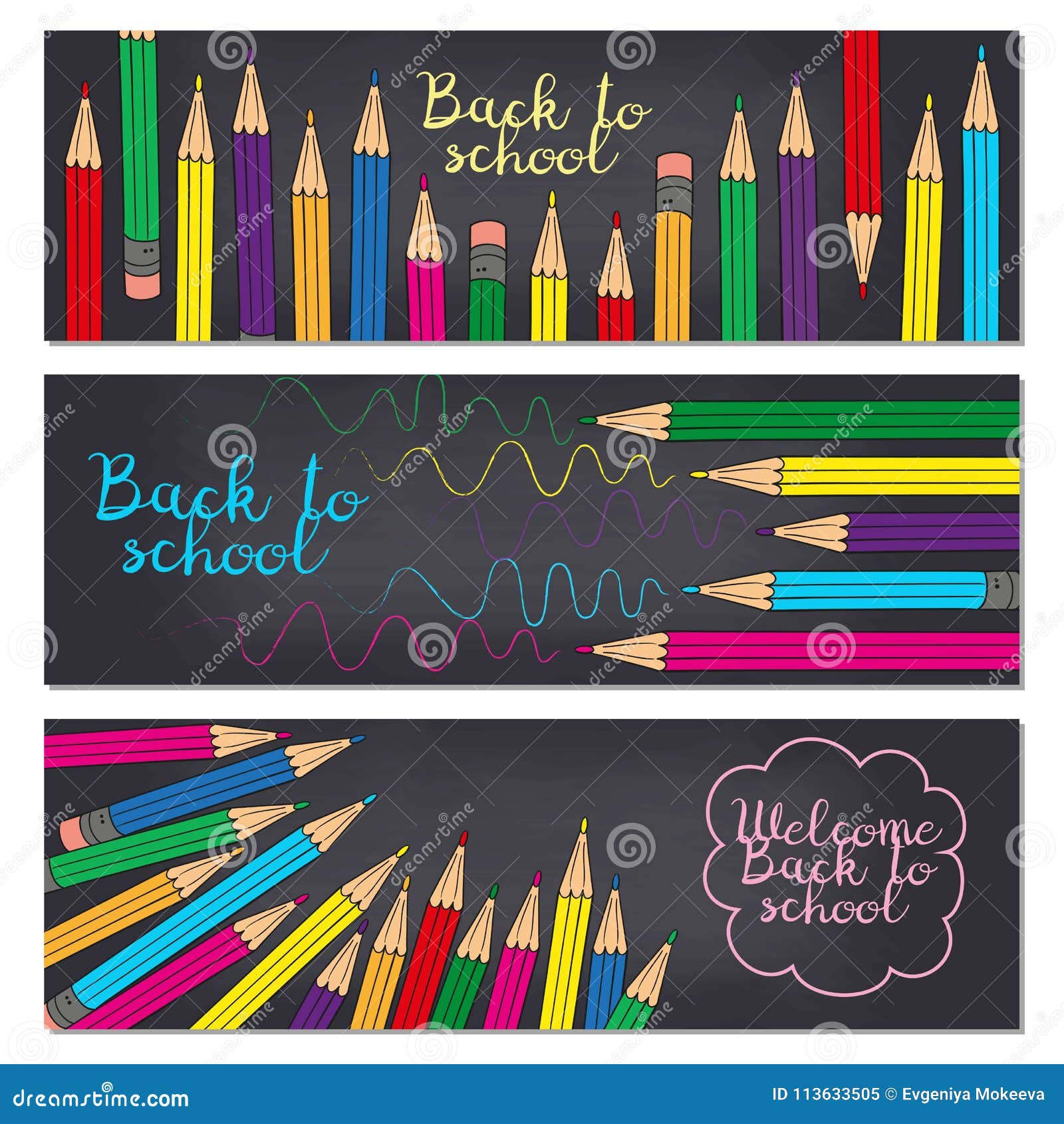 Set of Three Horizontal Banners with Multicolored Pencils. Stock Vector ...