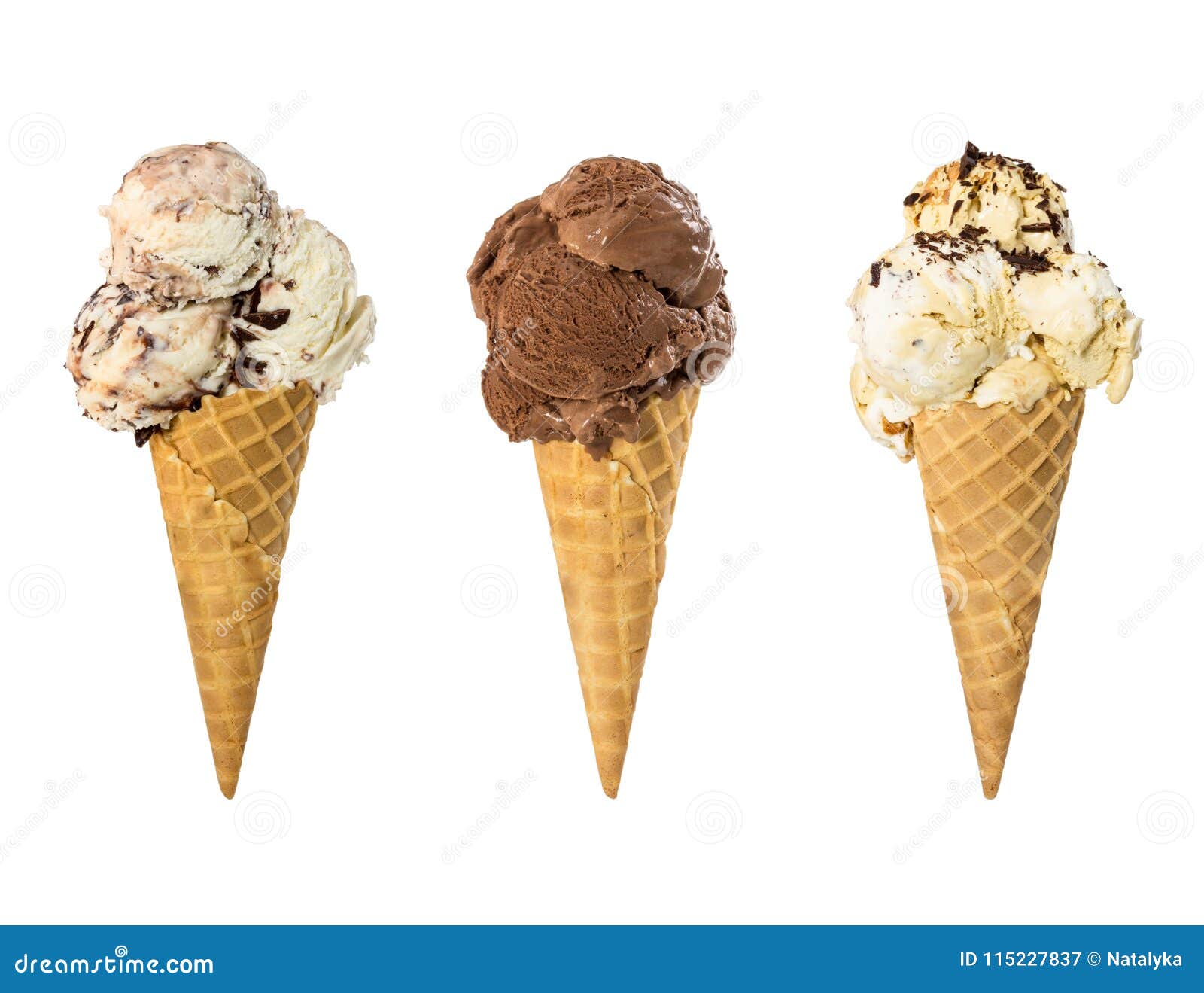 Set Of Three Ice Cream In Waffle Cone Isolated On White Stock Image