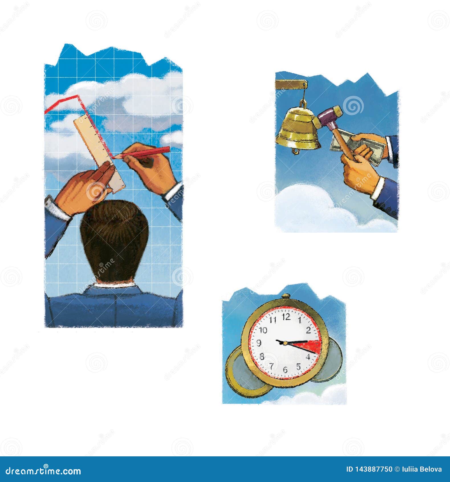 Set of Three Illustrations. the Man is Drawing a Schedule. the Man is ...