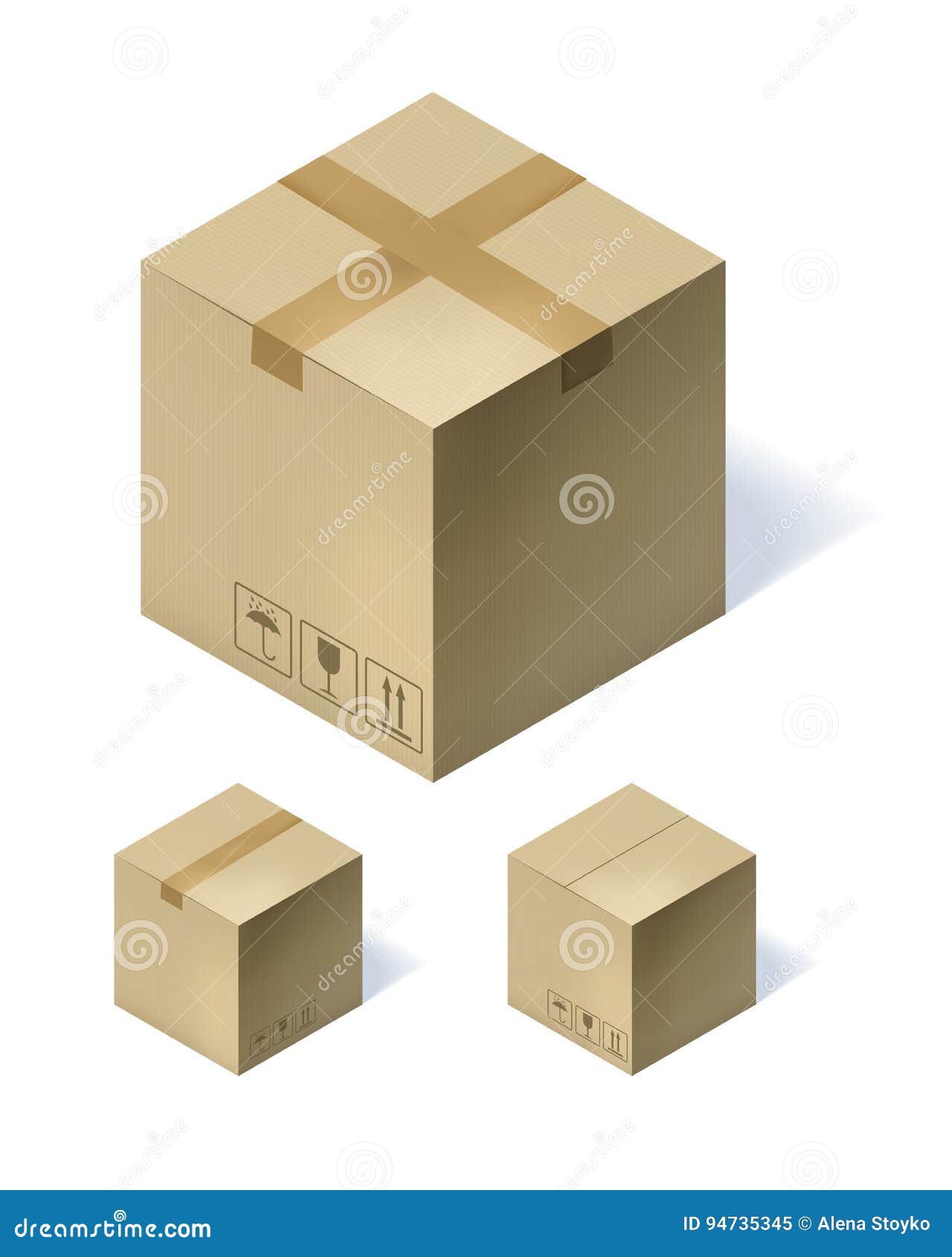 Set of Three Isometric Cardboard Boxes Isolated on White Background ...