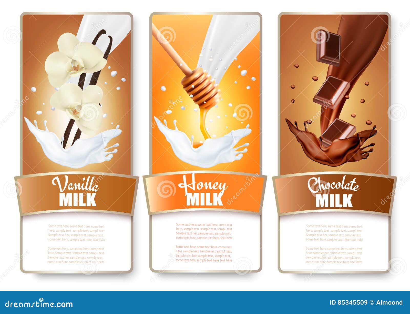 Set of Three Labels of Chocolate, Honey and Vanilla Milk Splashes ...