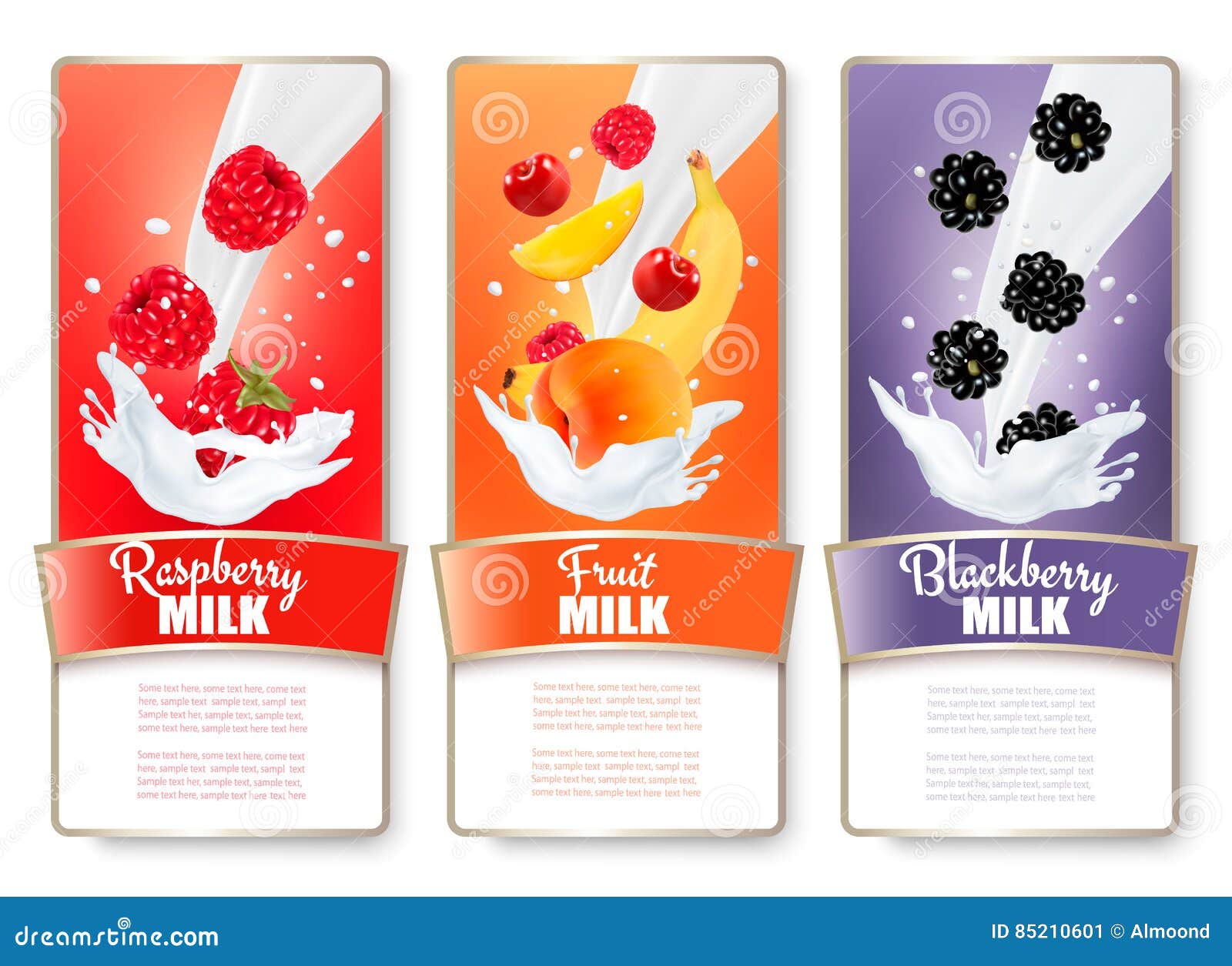 Set of Three Labels of Fruit and Berries in Milk Splashes. Stock Vector ...