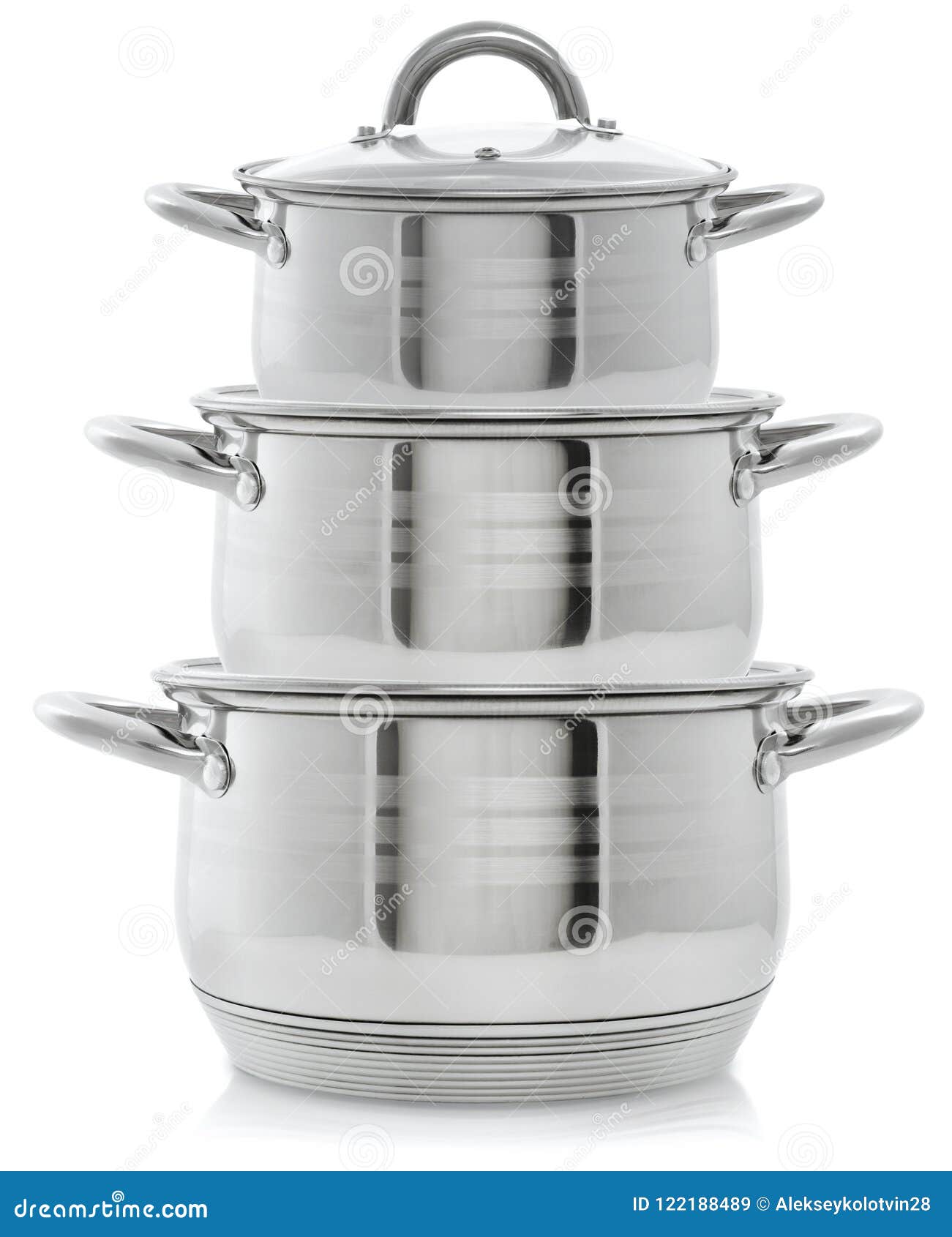 Set of Three Metal Pans, Stack of Pans on White Background Stock Image ...