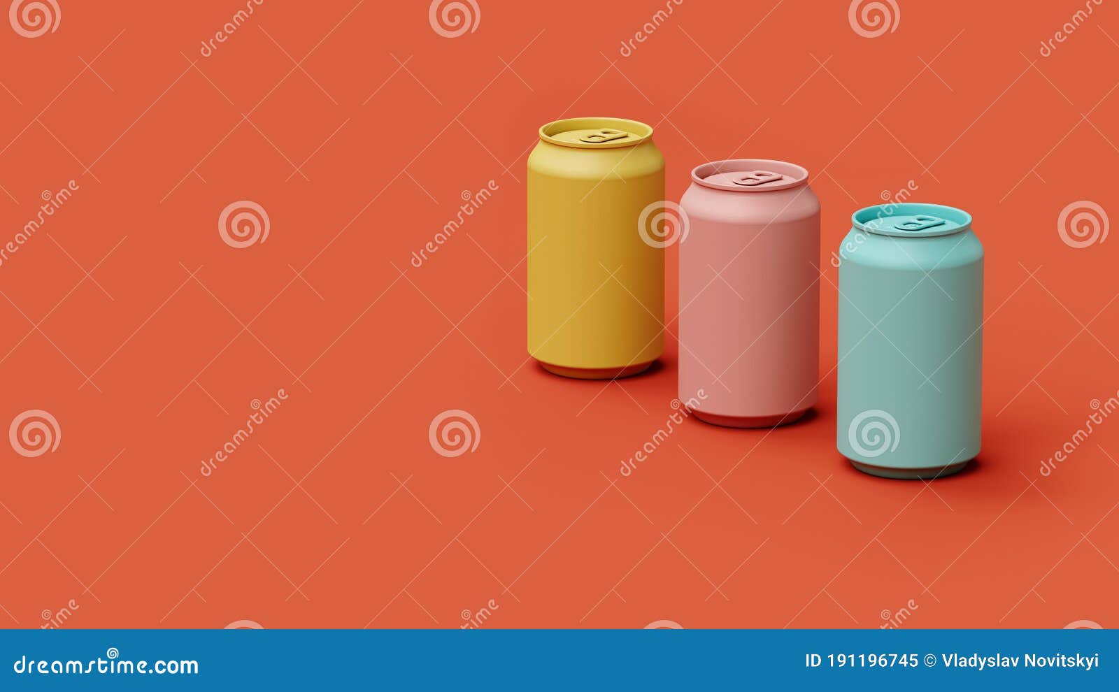 Set of Three Multi-colored Classic Aluminum Beverage Cans on a Red ...