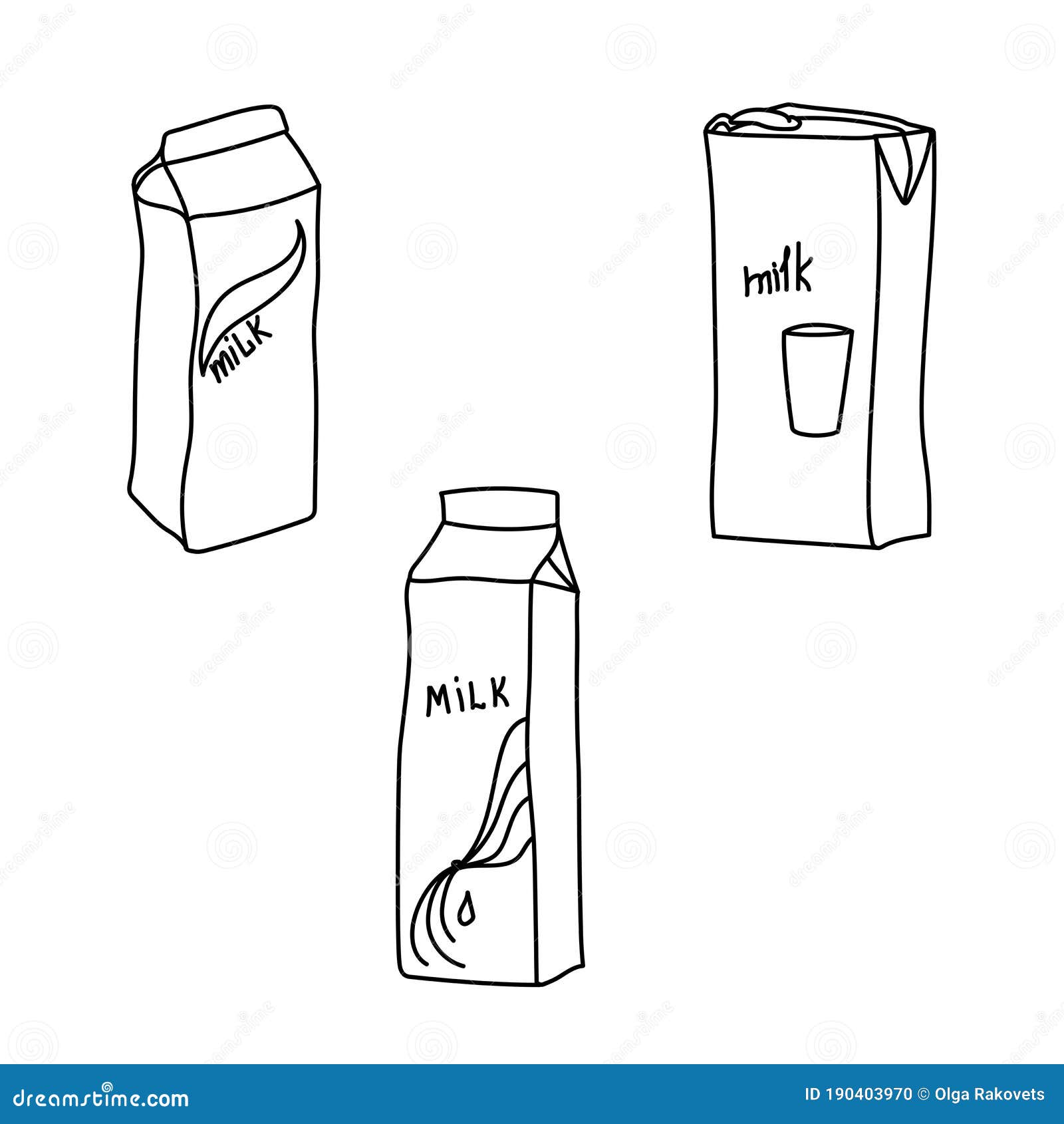 Set of Three Outline Milk Package, Hand Draw Vector Illustration Stock ...
