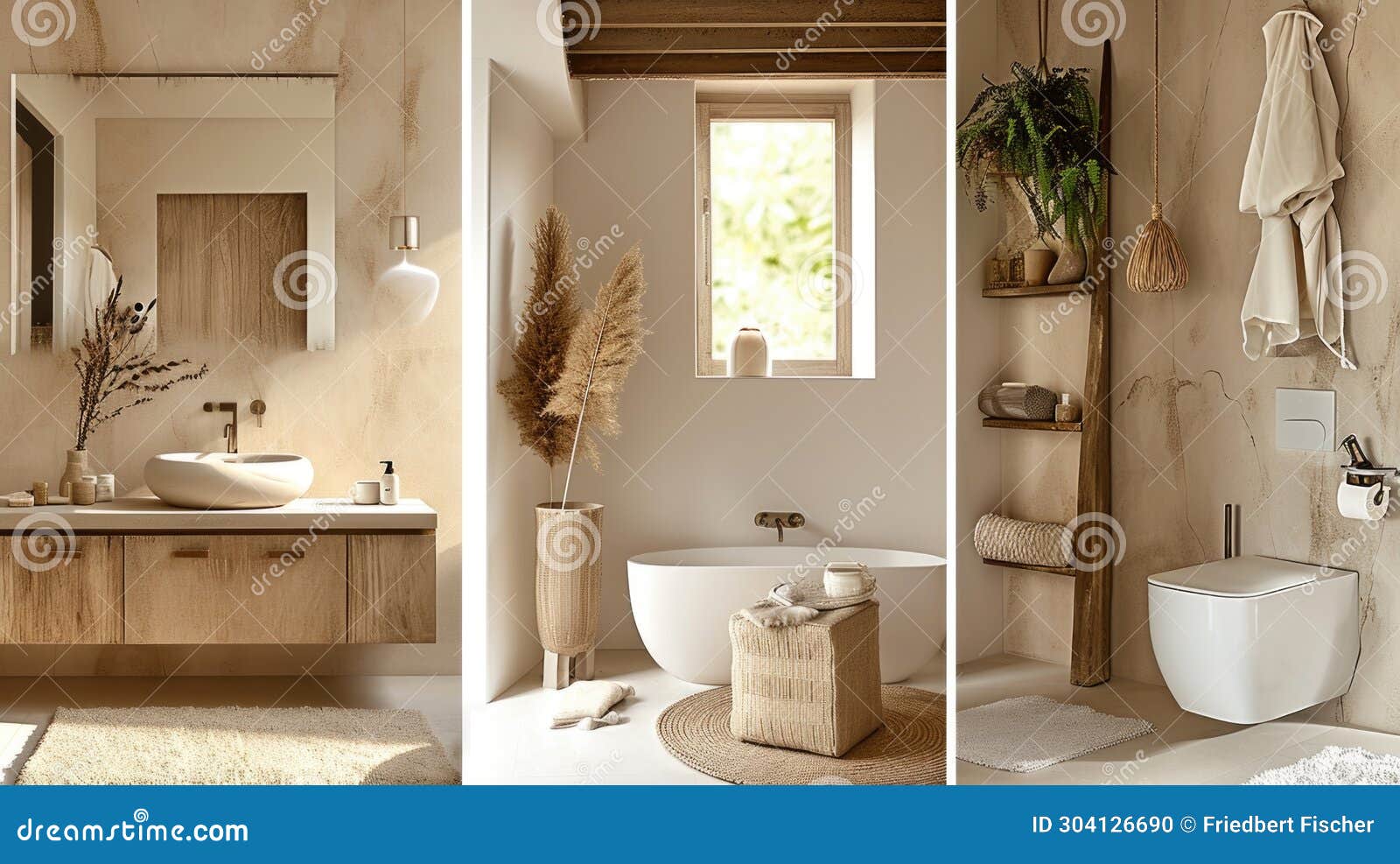 Set of Three Pictures with Home Interior in Warm Beige and Off White ...