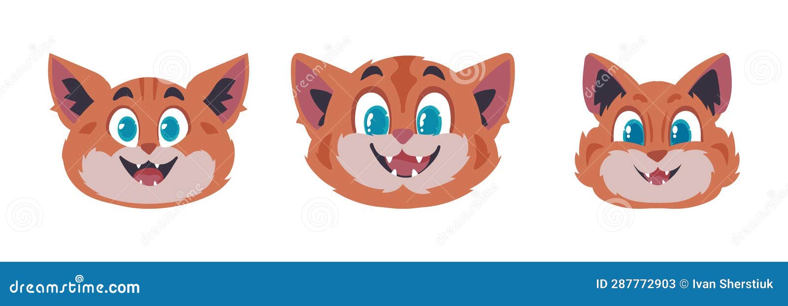 Set of Three Pieces Locks in Faces of Cats. Cartoon Style, Vector ...