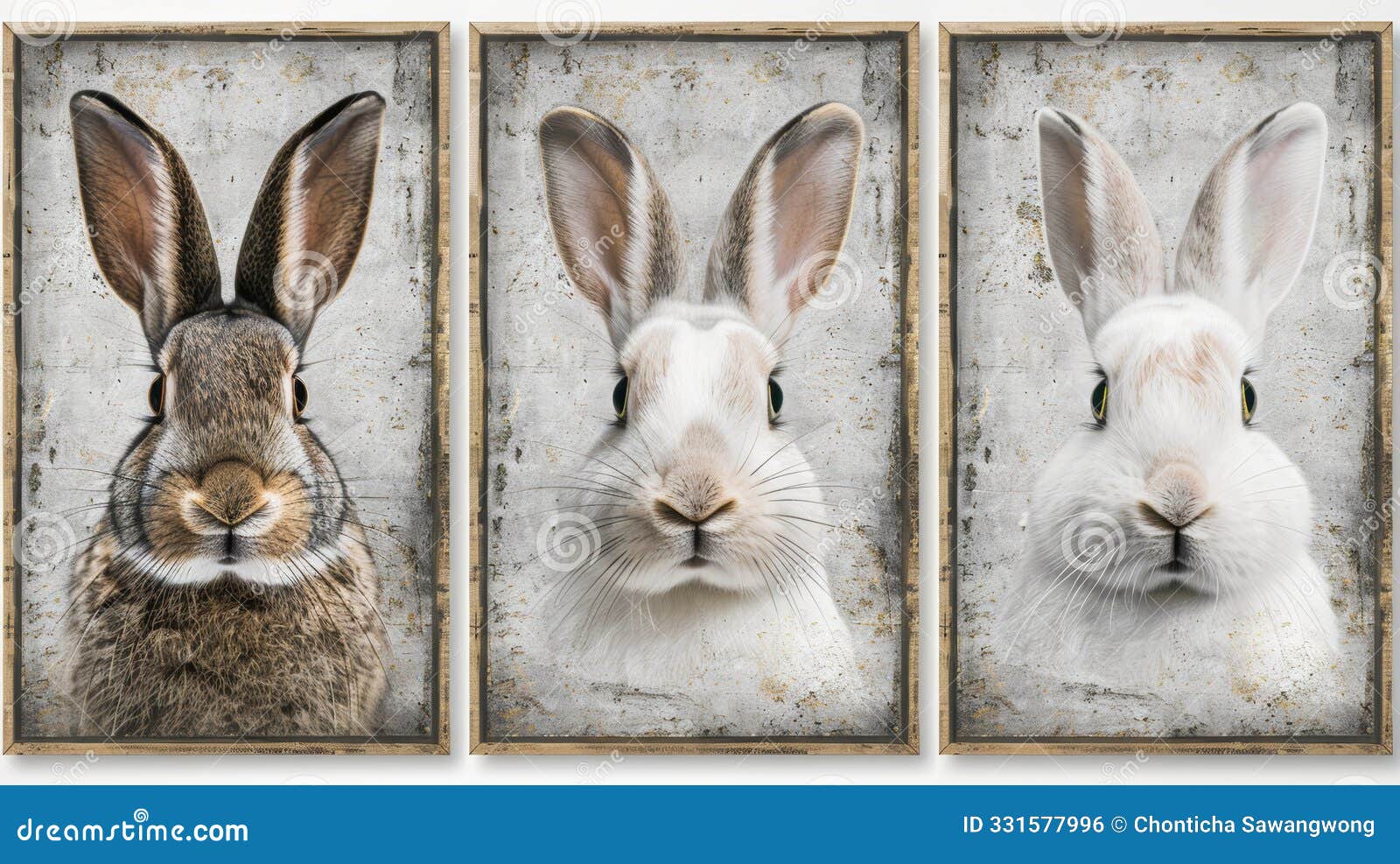 Set of Three Portraits Featuring Rabbits with Different Fur Colors in ...