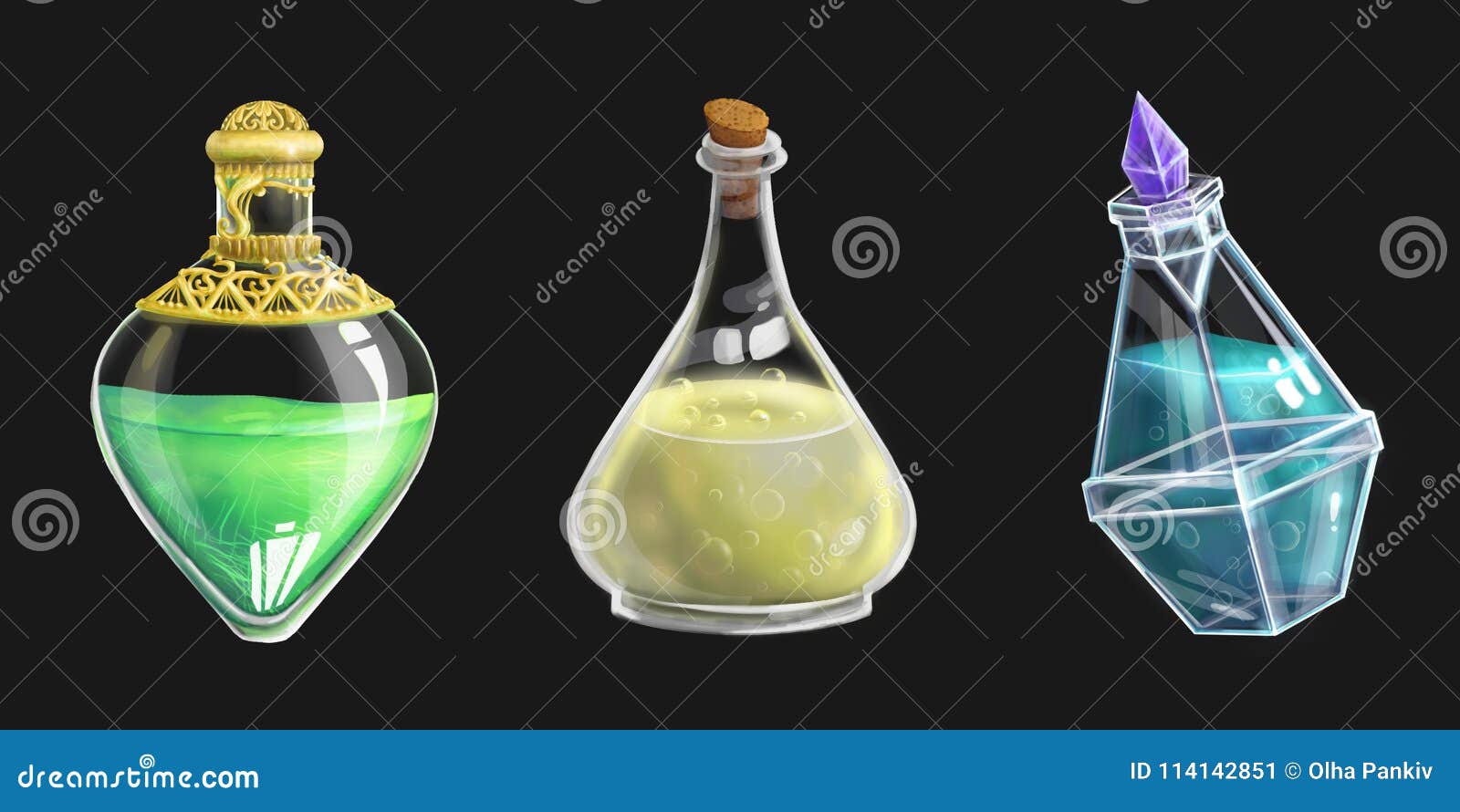 Potion Bottles. Game Alchemist Liquids On Wooden Shelf, Cartoon Love ...