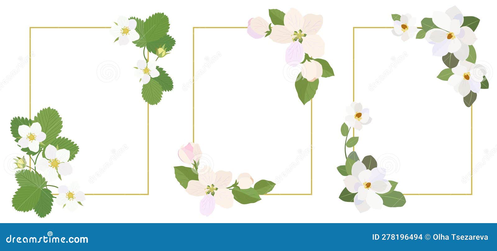 Set of Three Rectangle Golden Frames with Spring Flowers Stock Vector ...