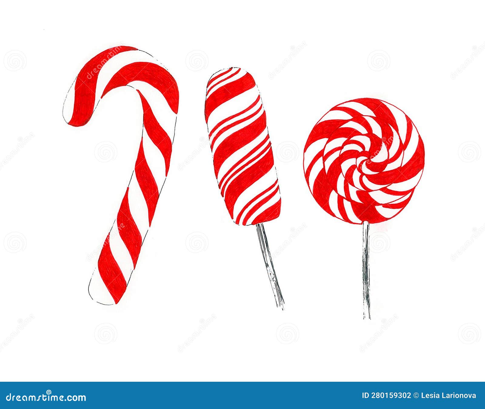 Set of Three Red and White Lollipops of Different Shapes Isolated on a ...