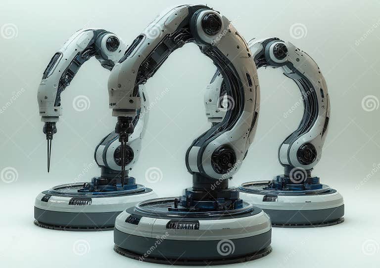A Set of Three Robotic Arms with Various Tools Attached Stock Photo ...