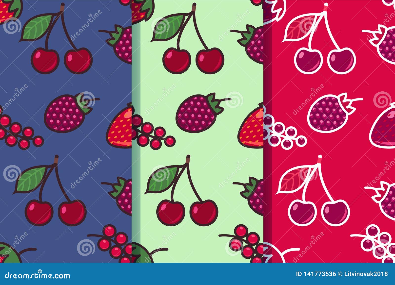 Set of Three Seamless Patterns with Different Berries in One Style ...