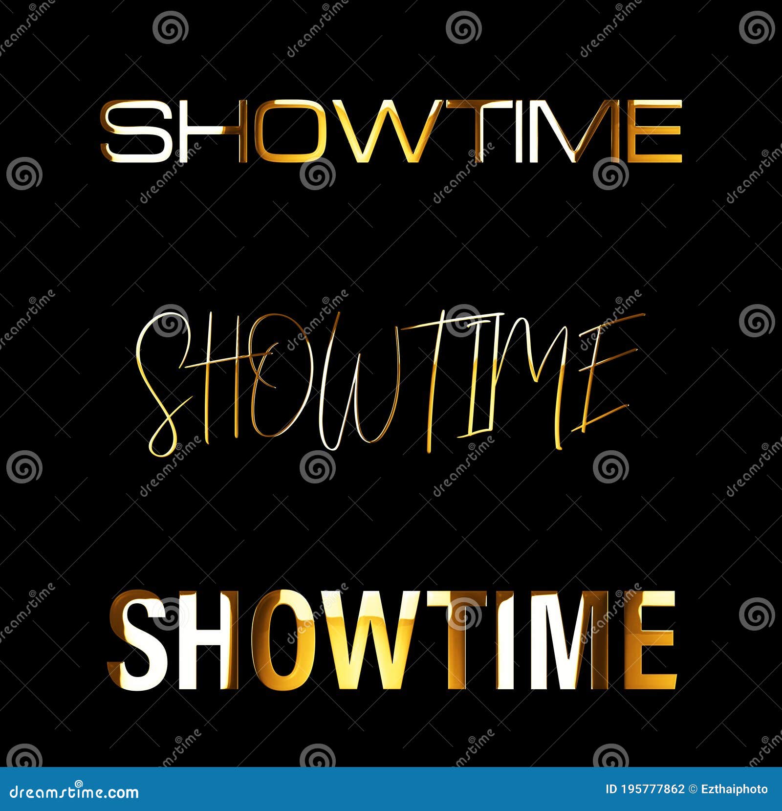 Set Three of Showtime Golden Text Word with Light Reflection Effect ...