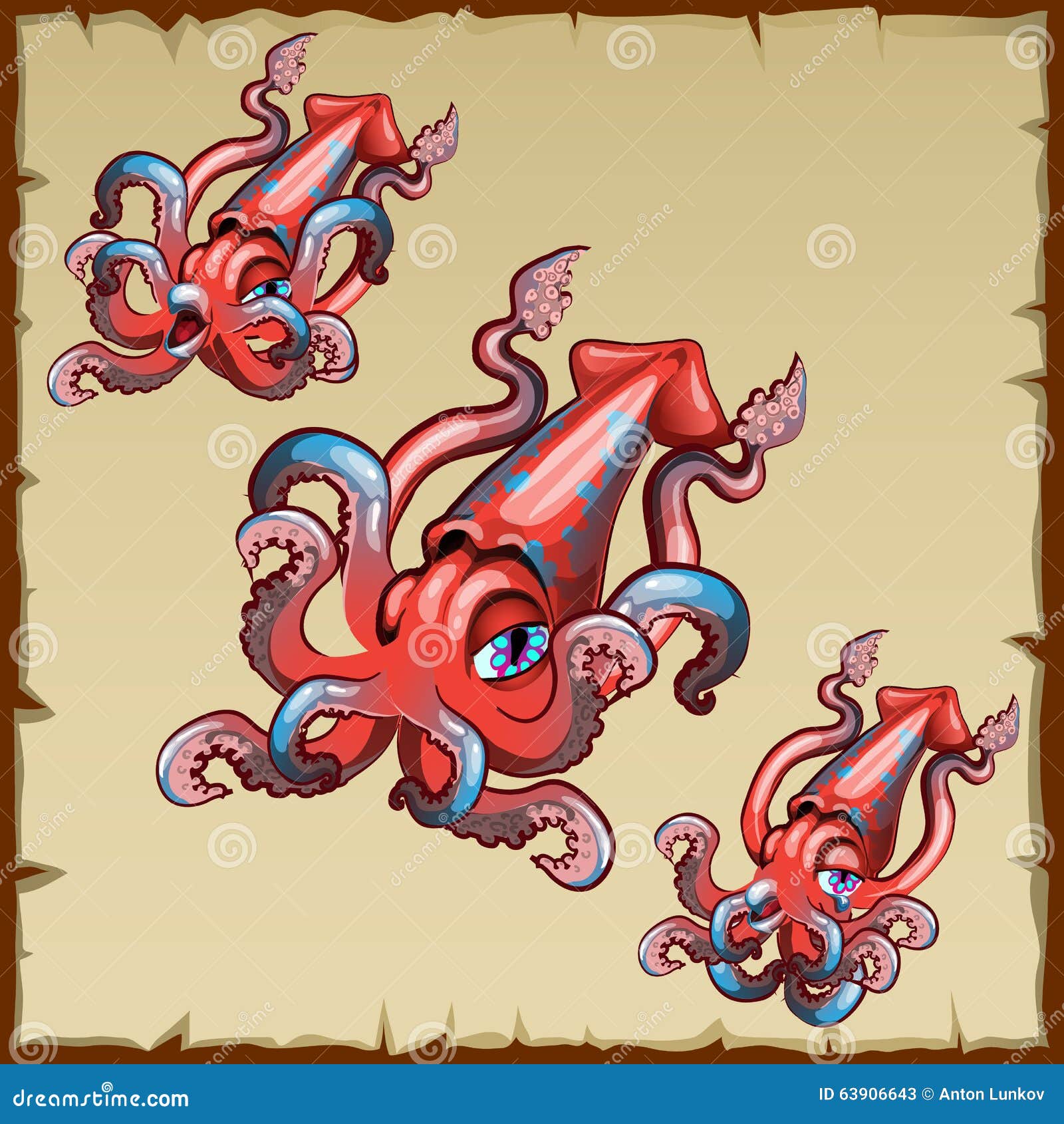 Set of Three Squids with Different Emotions Stock Vector - Illustration ...