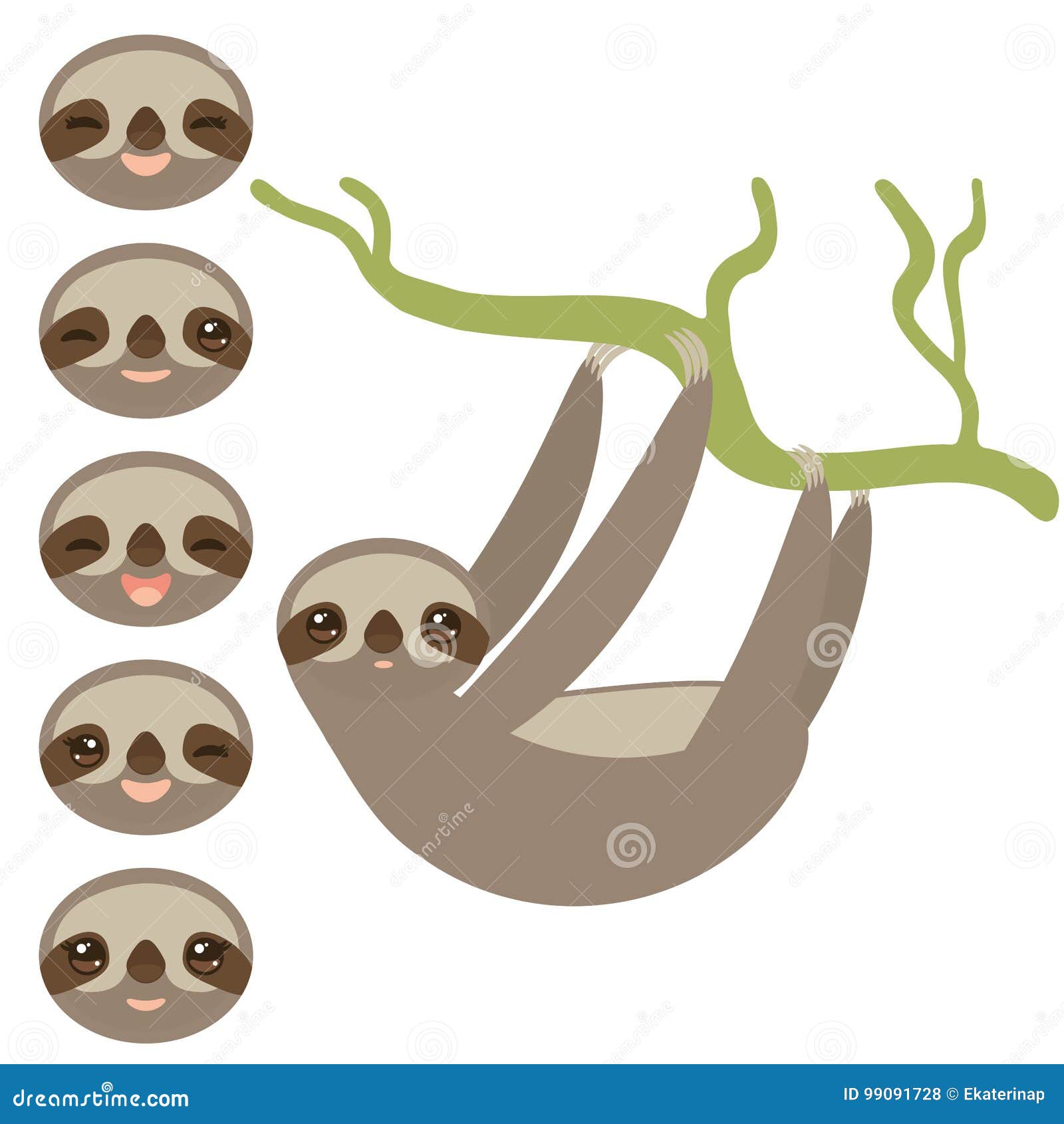 Set Three-toed Sloths Funny Muzzle With Different Expression Of ...