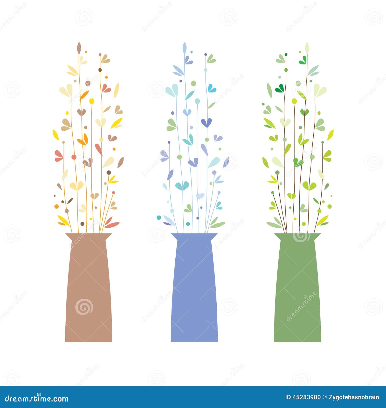 Set of Three Vases with Flowers Stock Vector - Illustration of blue ...