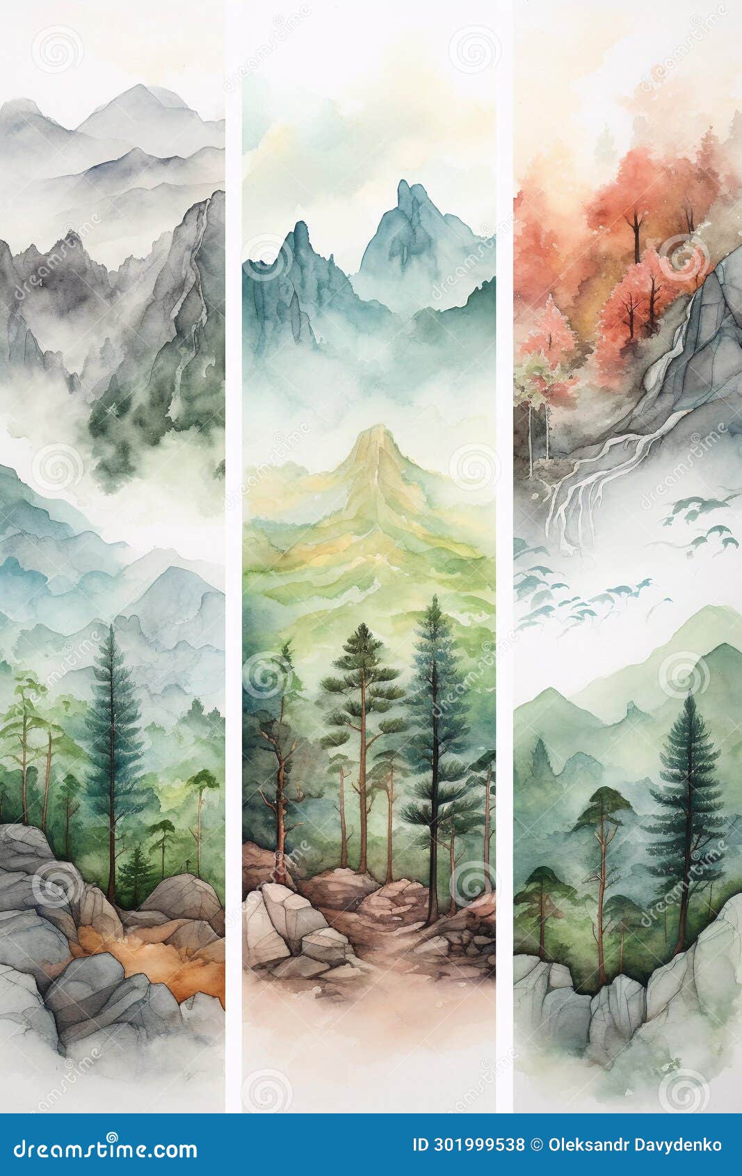 Set of Three Vertical Artwork with Mountains and Forest in Watercolor ...