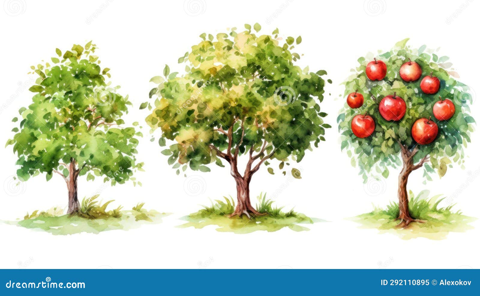 Set of Three Whimsical Watercolor Apple Tree Fruit AI Generated Stock ...