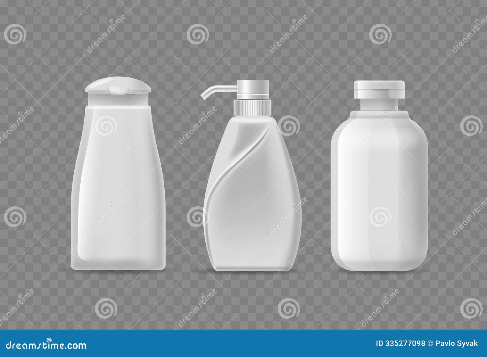 Set of Three White Shampoo Bottles with Different Designs and Caps ...