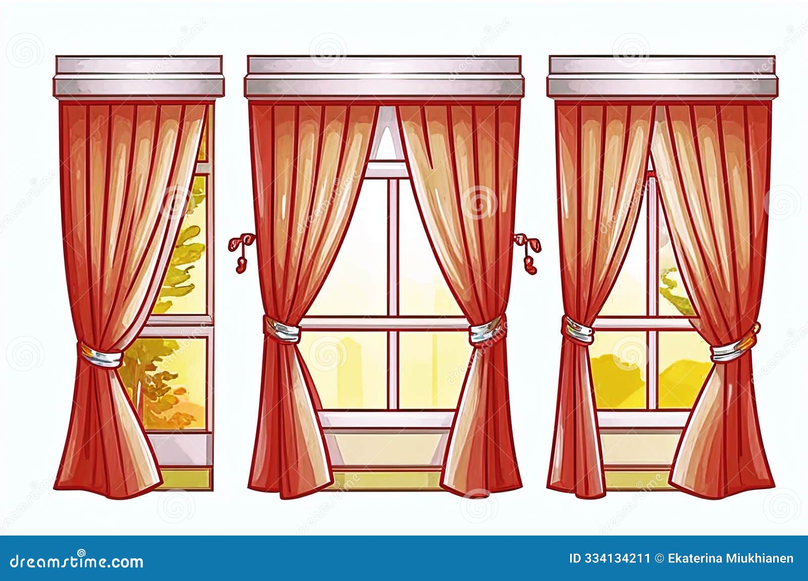 Set of Three Windows with Red Curtains on White Background Stock ...