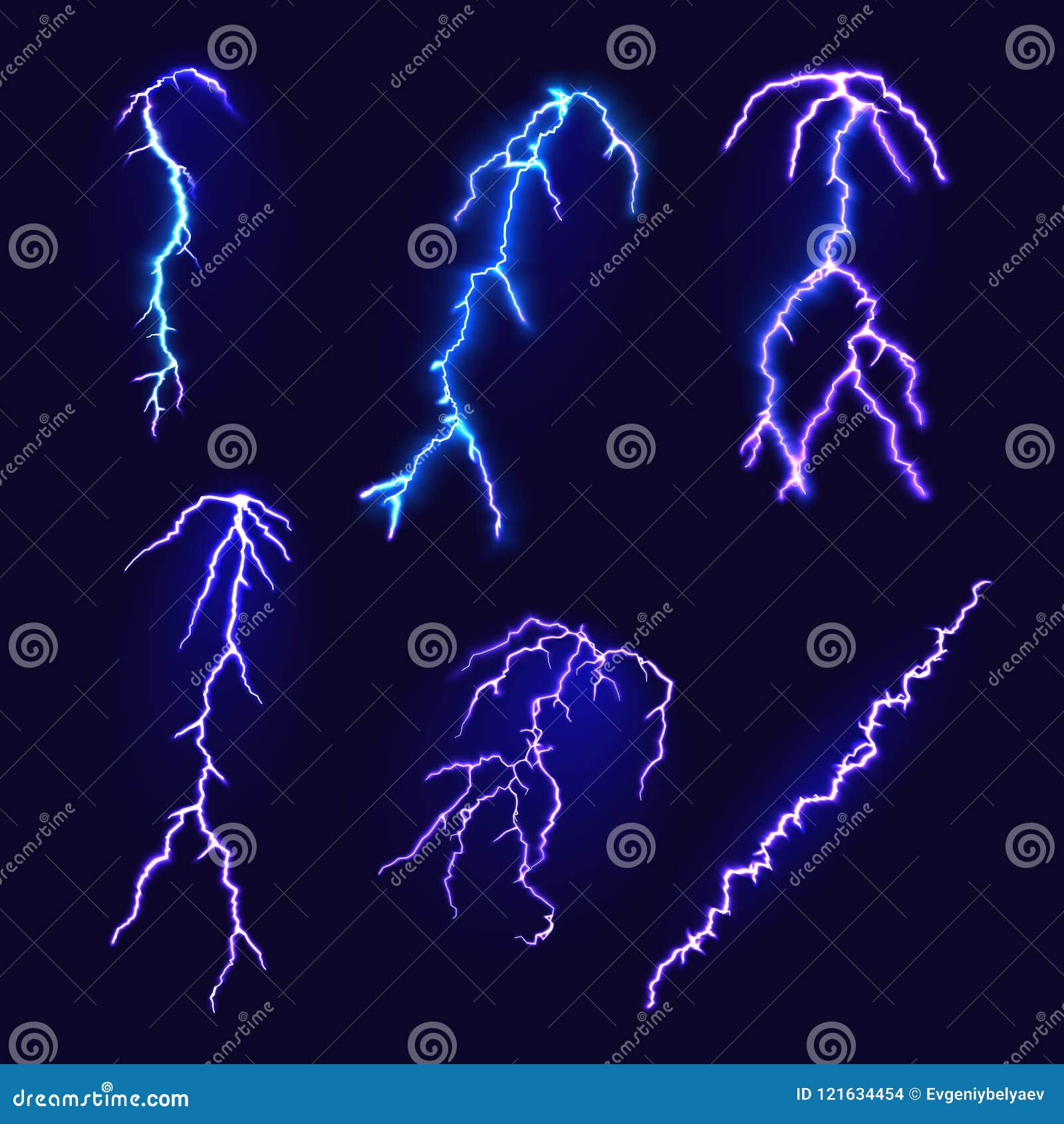 Set of Lightnings. Realistic Lightning on Dark Background. Vector ...