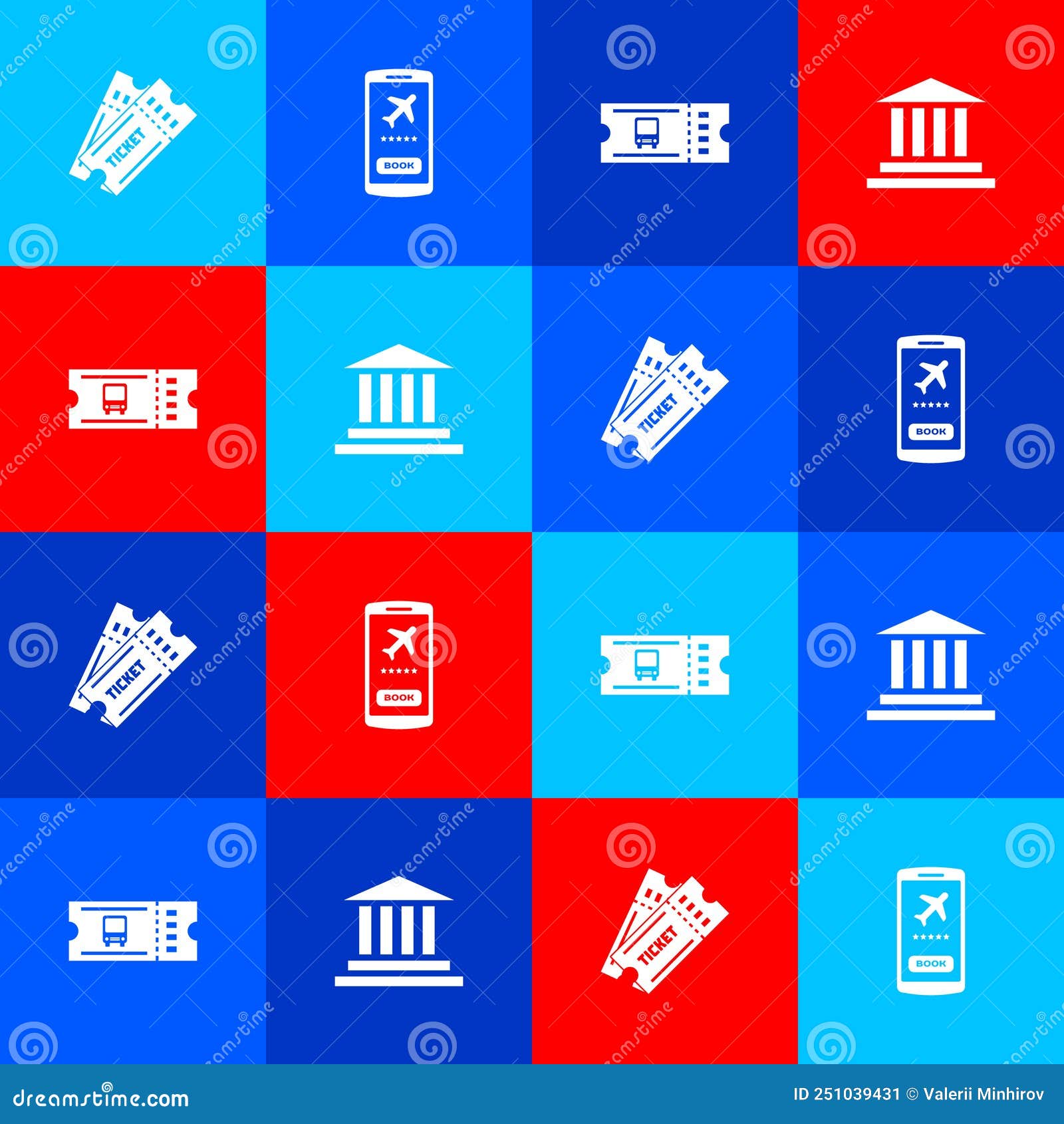 Set Ticket, Mobile with Ticket, Bus and Museum Building Icon. Vector ...