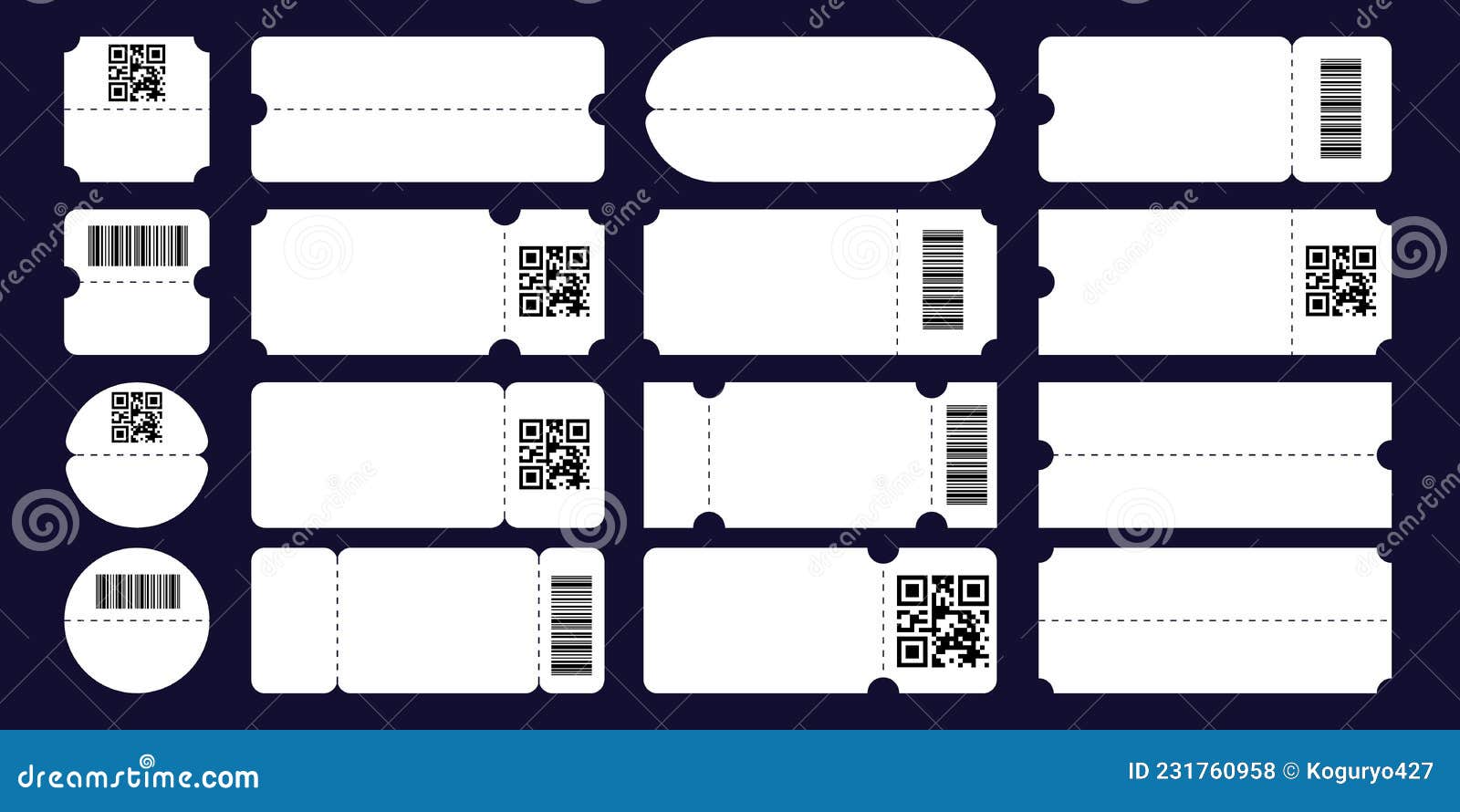 Set Ticket Template with Tear-off Element, Barcode and QR Code Isolated ...