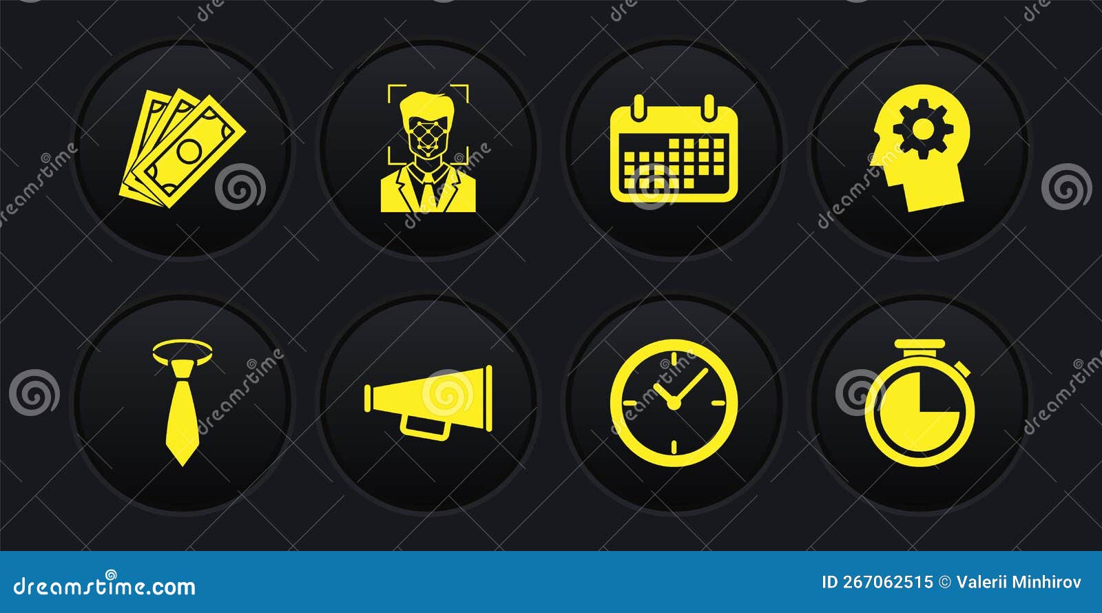Set Tie, Human Head with Gear Inside, Megaphone, Clock, Calendar and ...