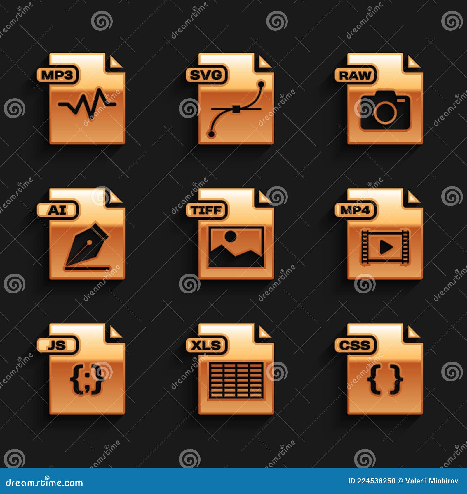 Set TIFF File Document, XLS, CSS, MP4, JS, AI, RAW and MP3 Icon. Vector ... Set TIFF File Document, XLS, CSS, MP4, JS, AI, RAW and MP3 Icon. Vector ...