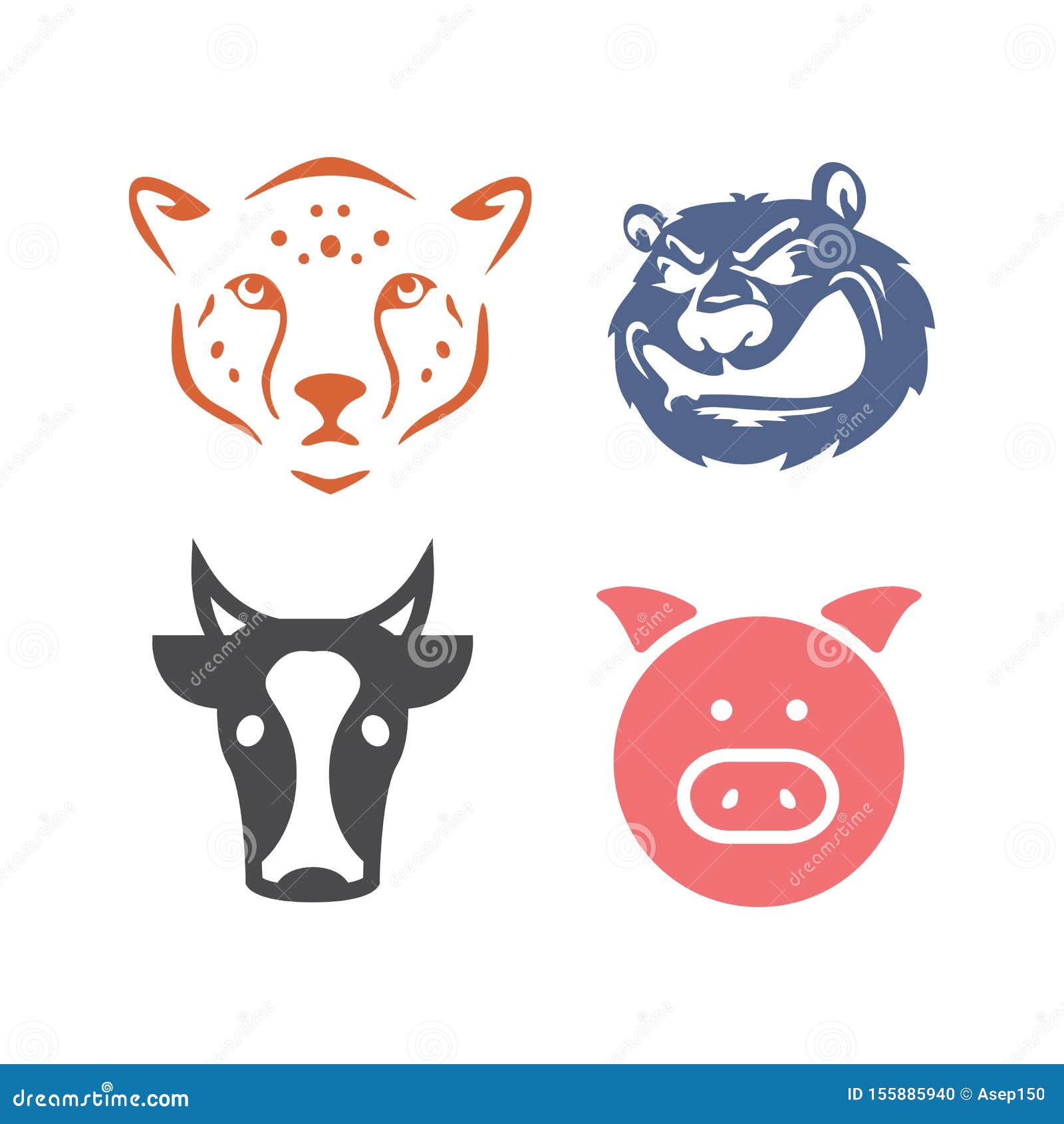 Set Tiger, Bear, Cow, and Pig Head Vector Logo and Illustration Stock ...