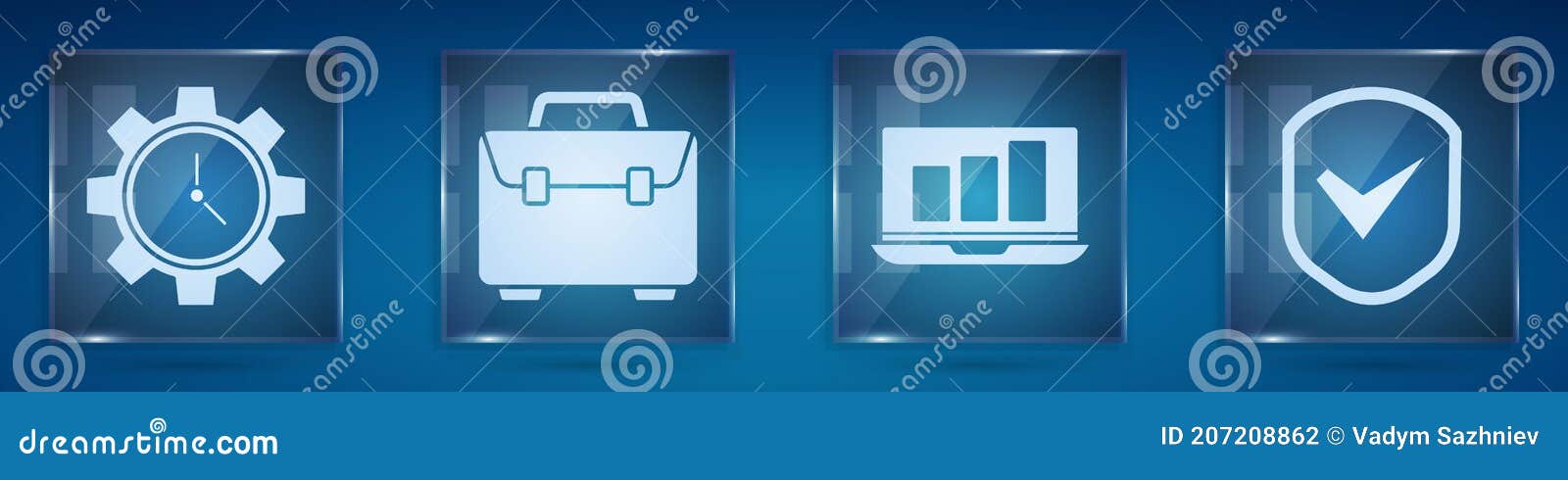 Set Time Management, Briefcase, Laptop with Graph Chart and Shield with ...