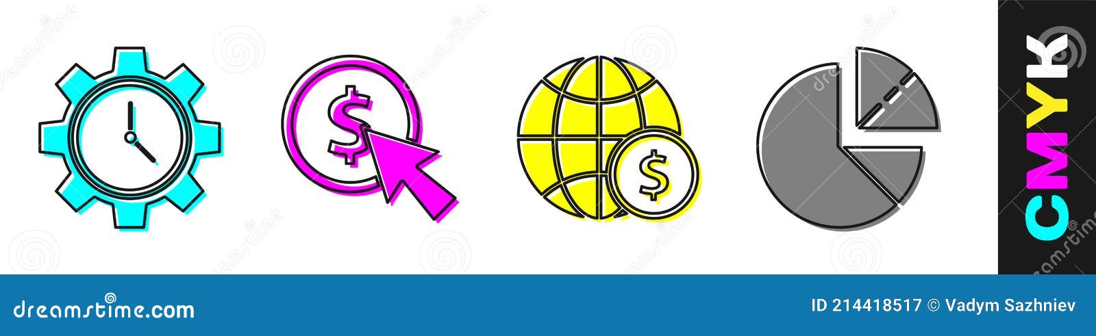 Set Time Management, Cursor and Coin, Earth Globe with Dollar and Pie ...