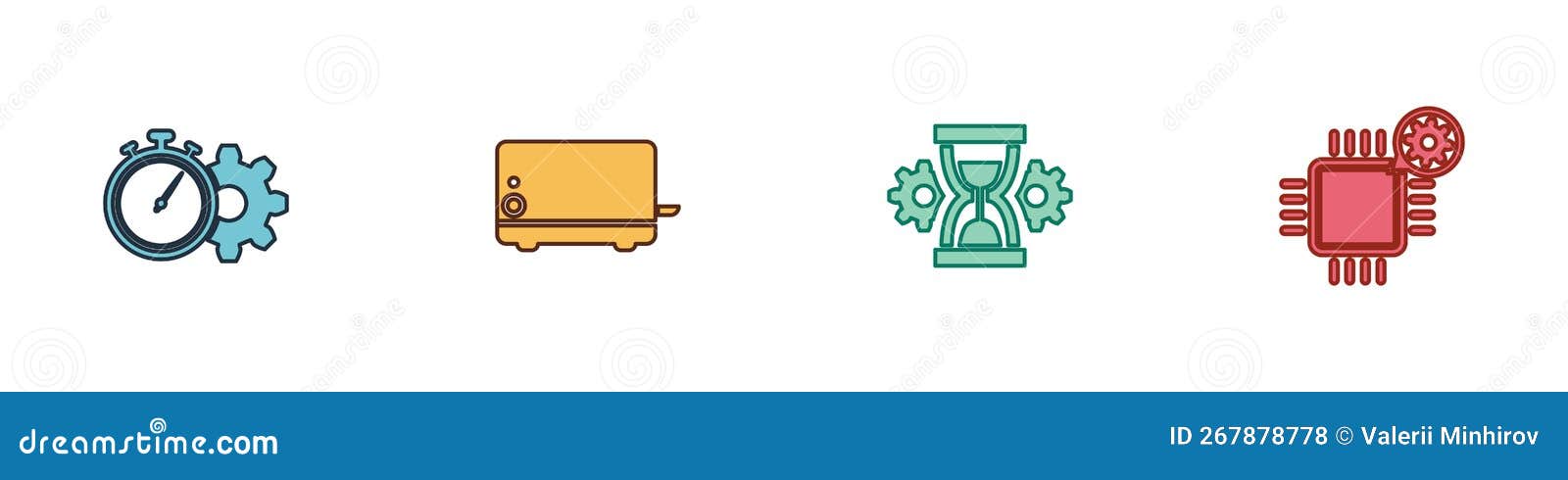 Set Time Management Setting, Toaster, Hourglass and Processor Icon ... Set Time Management Setting, Toaster, Hourglass and Processor Icon ...