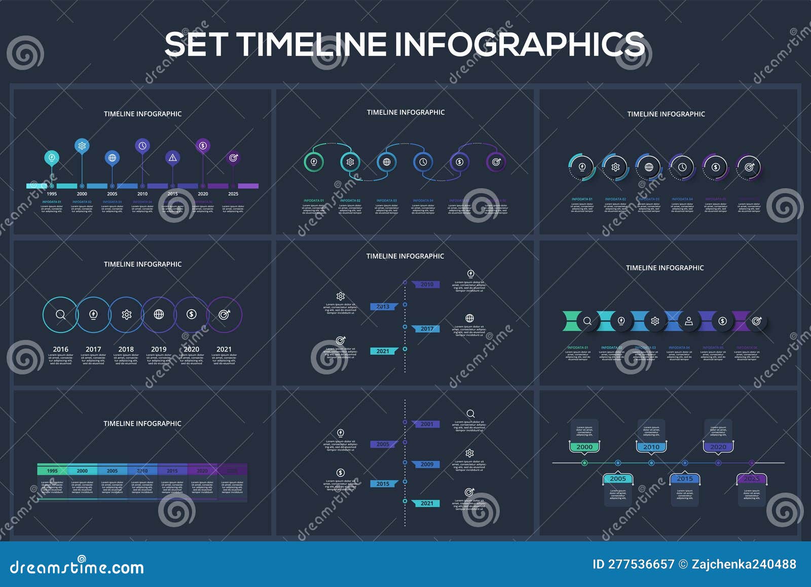 Set Timeline Dark Infographics Elements with 4, 5, 6, 7 Options ...
