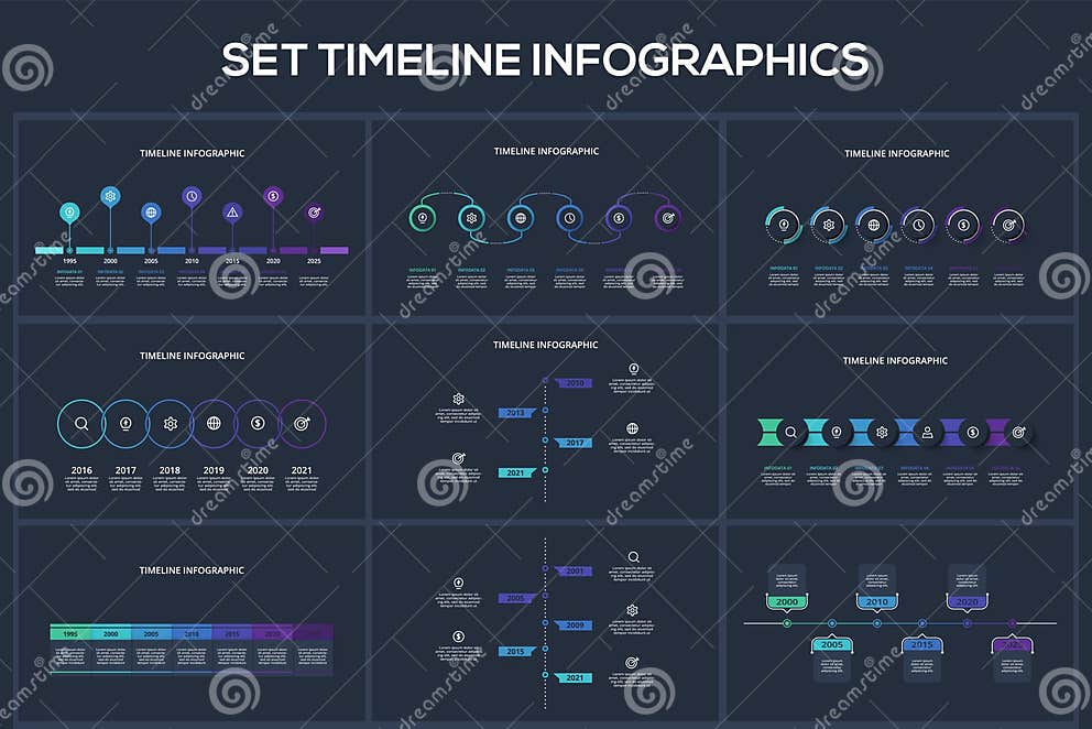 Set Timeline Dark Infographics Elements with 4, 5, 6, 7 Options ...