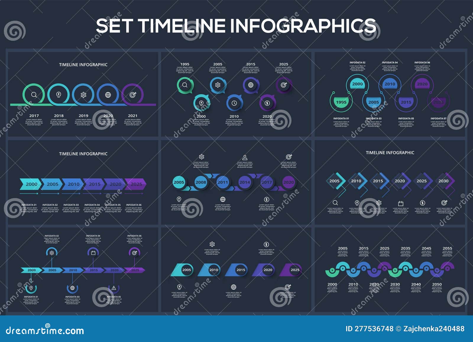 Set Timeline Dark Infographics Elements with 5, 6, 7, 12 Options ...