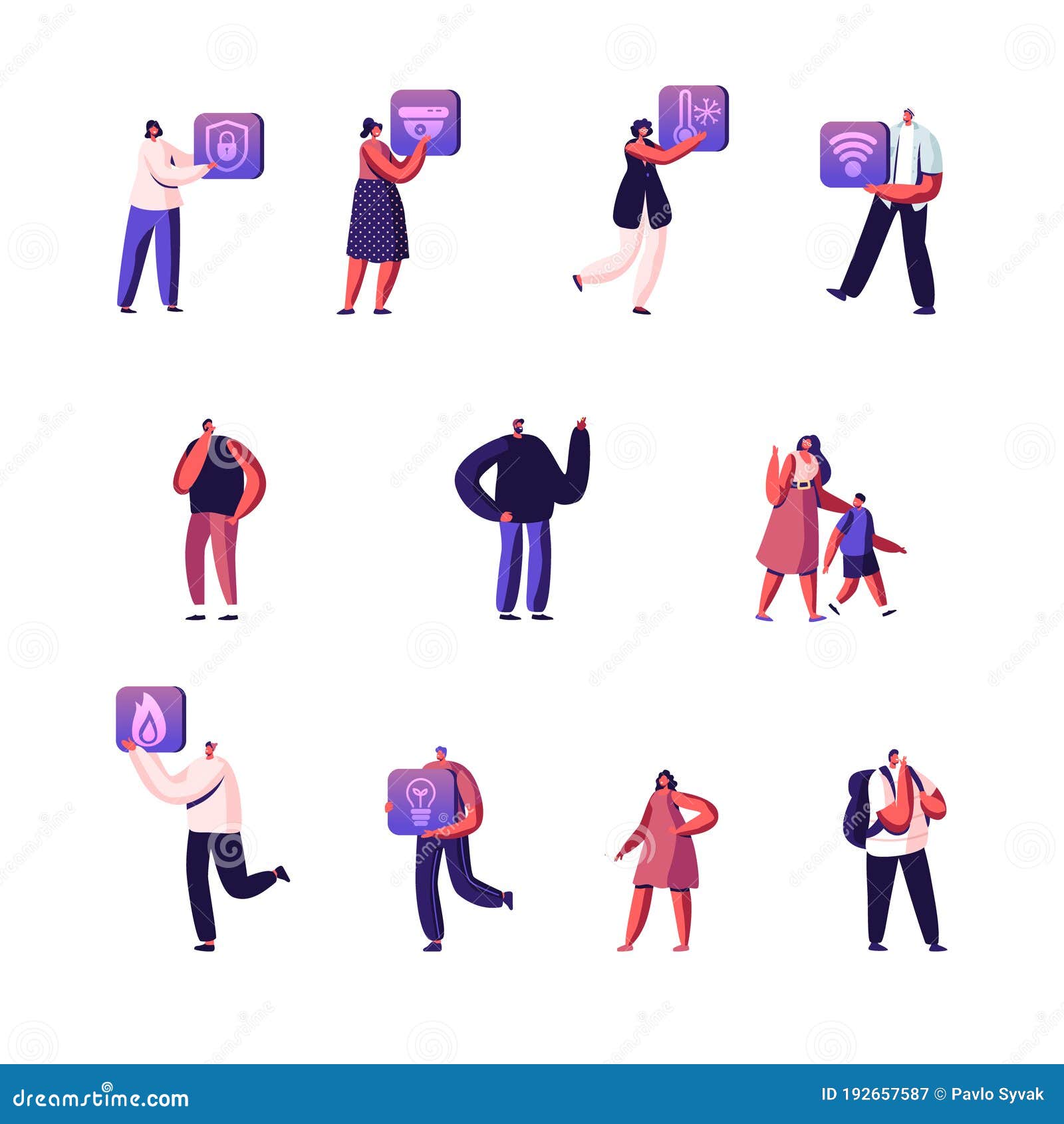 Set of Tiny Male and Female Characters with Buttons or Icons for Smart ...