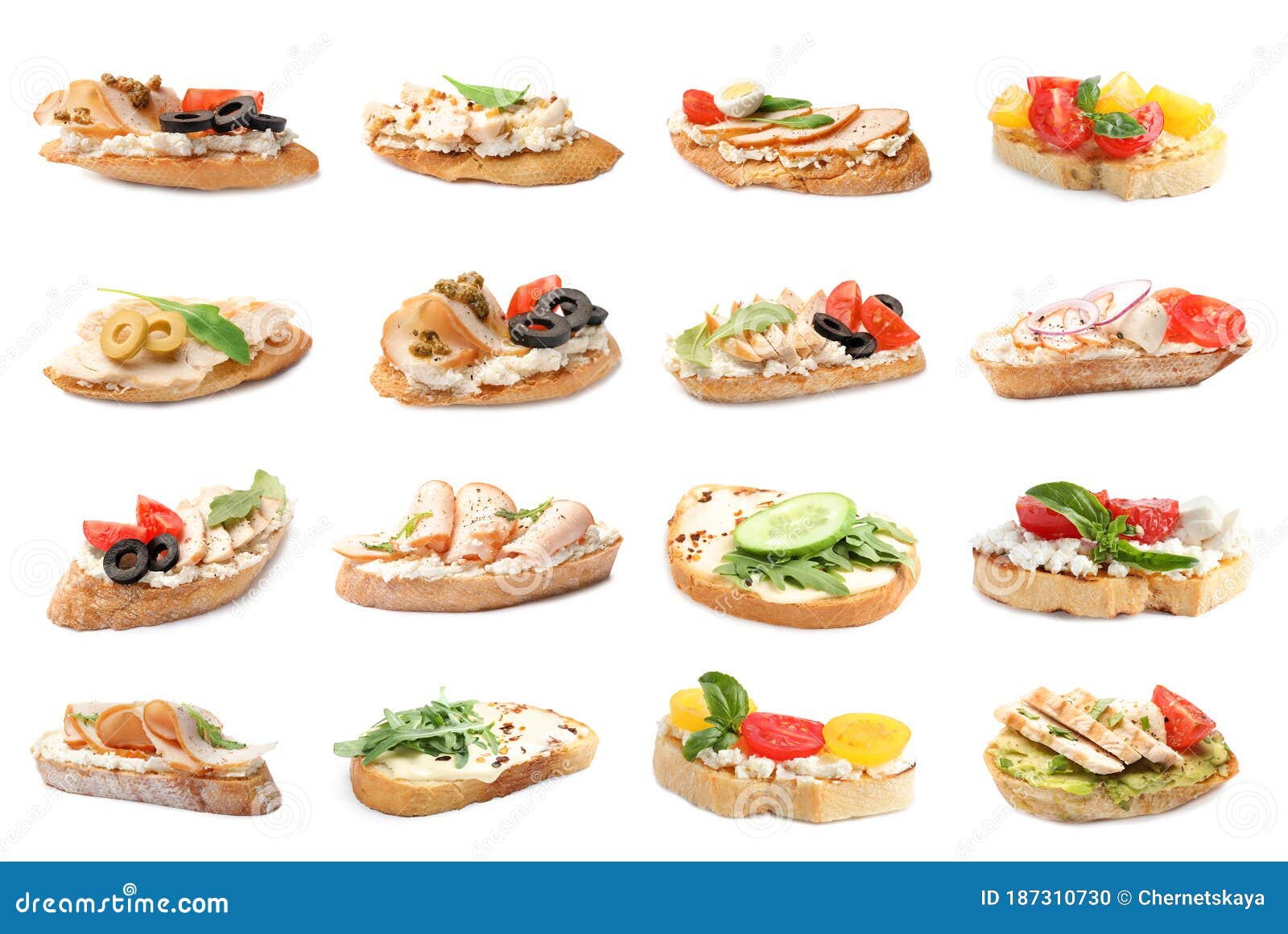 Set of Toasted Bread with Different Toppings on Background Stock Photo ...