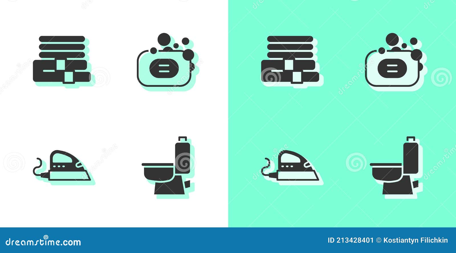Set Toilet Bowl, Towel Stack, Electric Iron and Bar of Soap Icon ...
