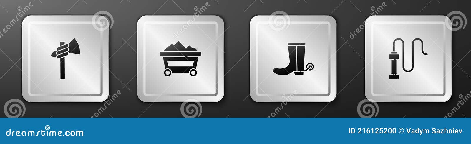 Set Tomahawk Axe, Coal Mine Trolley, Cowboy Boot and Leather Whip Icon ...