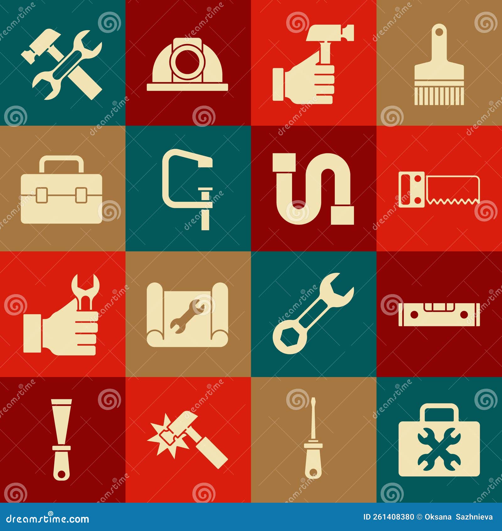 Set Toolbox, Construction Bubble Level, Hand Saw, Hammer, Clamp Tool ...