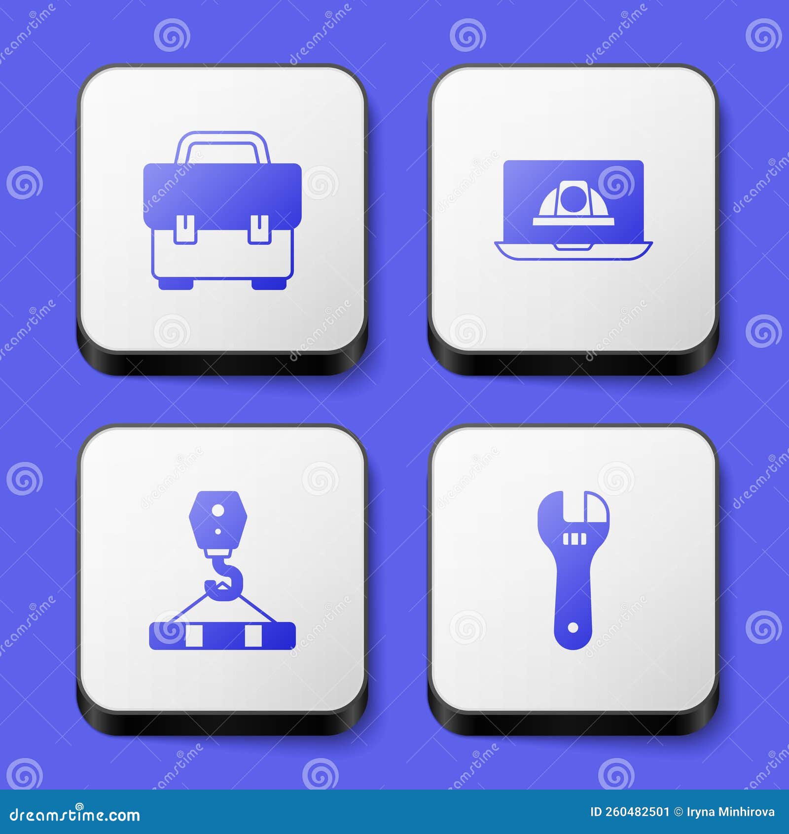 Set Toolbox, Worker Safety Helmet, Crane Hook and Adjustable Wrench ...