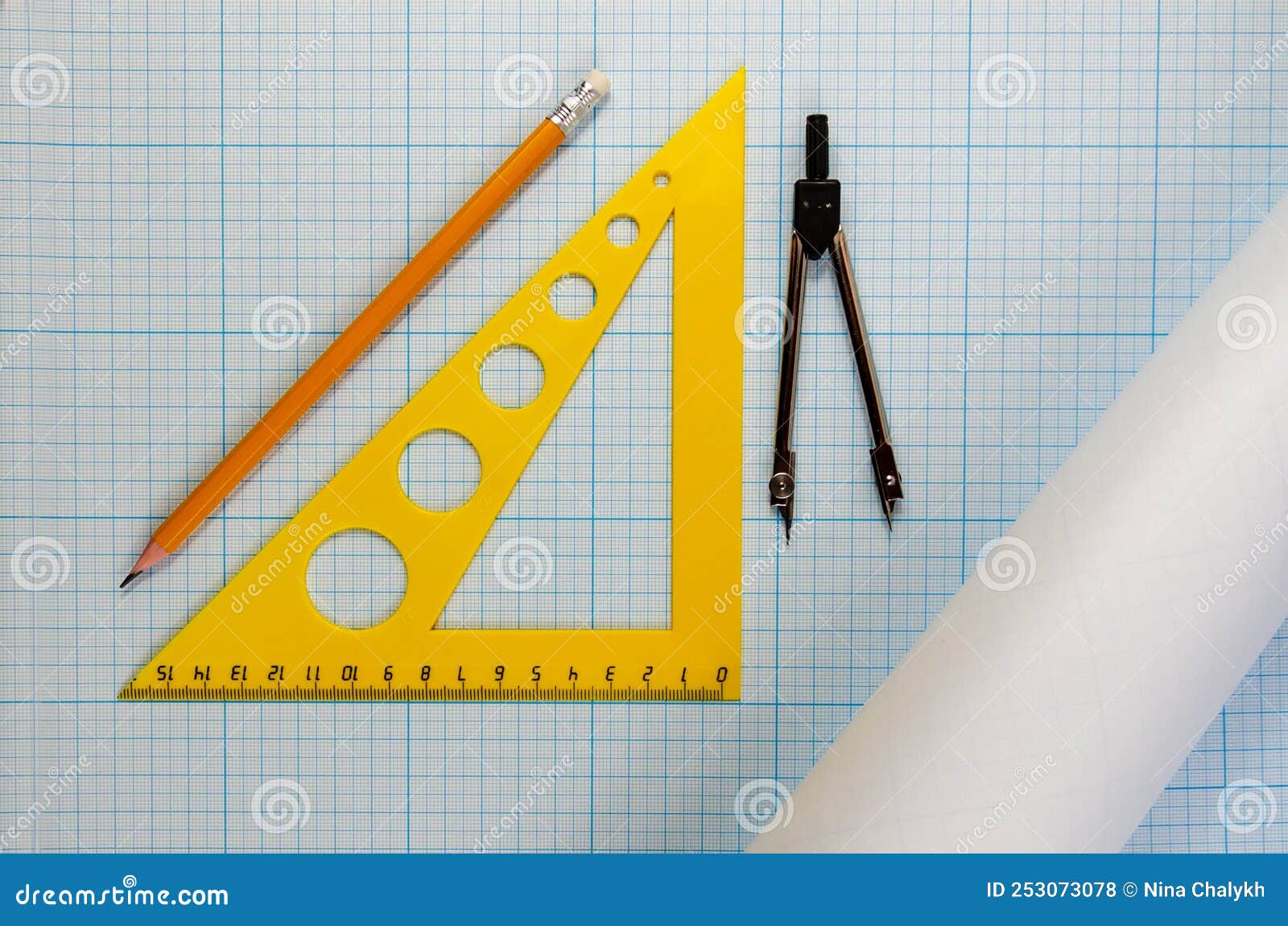 Set of Tools for Drawing on an Graph Paper. Ruler, Compass, Pencil on ...