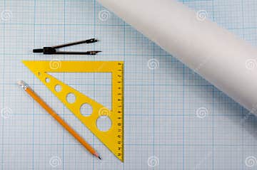 Set of Tools for Drawing on an Graph Paper. Ruler, Compass, Pencil on ...