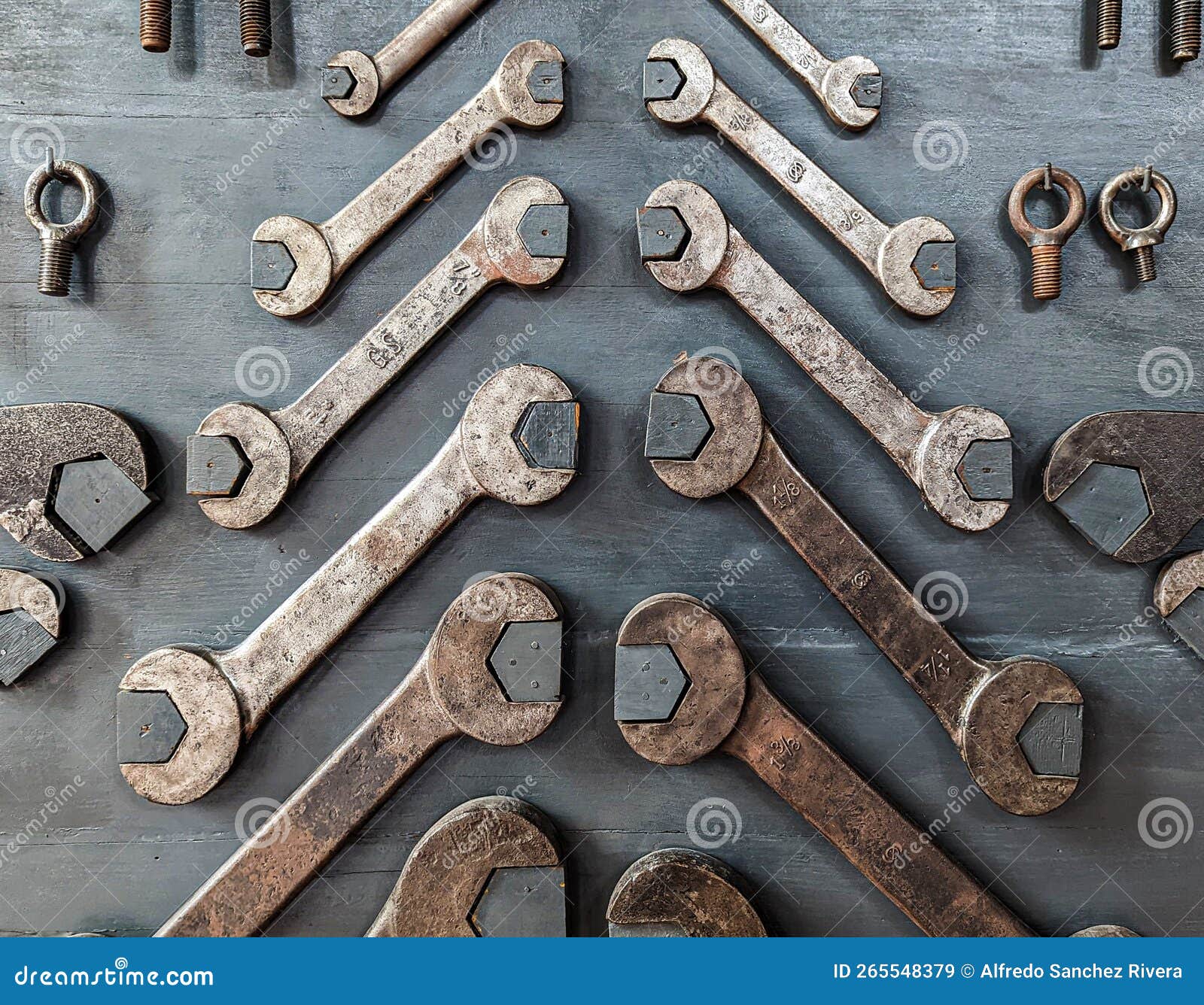 Set of Tools Fastened on a Wooden Plank Stock Image - Image of metallic ...